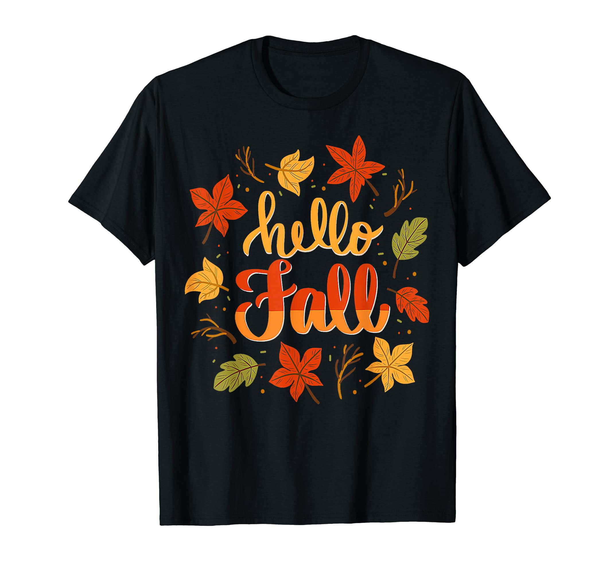 Hello Fall Falling Autumn Leaves Cute Botanic Foliage Cotton Black T ...