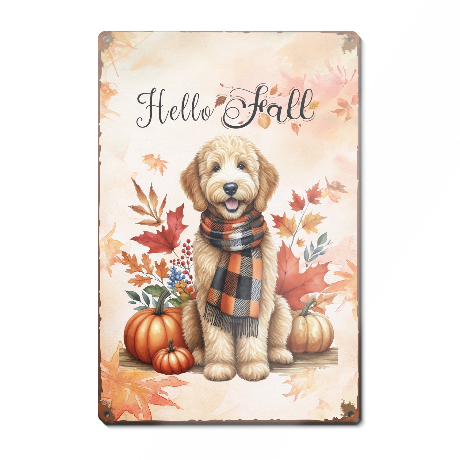 Hello Fall Goldendoodle Scarf Welcome Autumn with Leaves Pumpkins ...