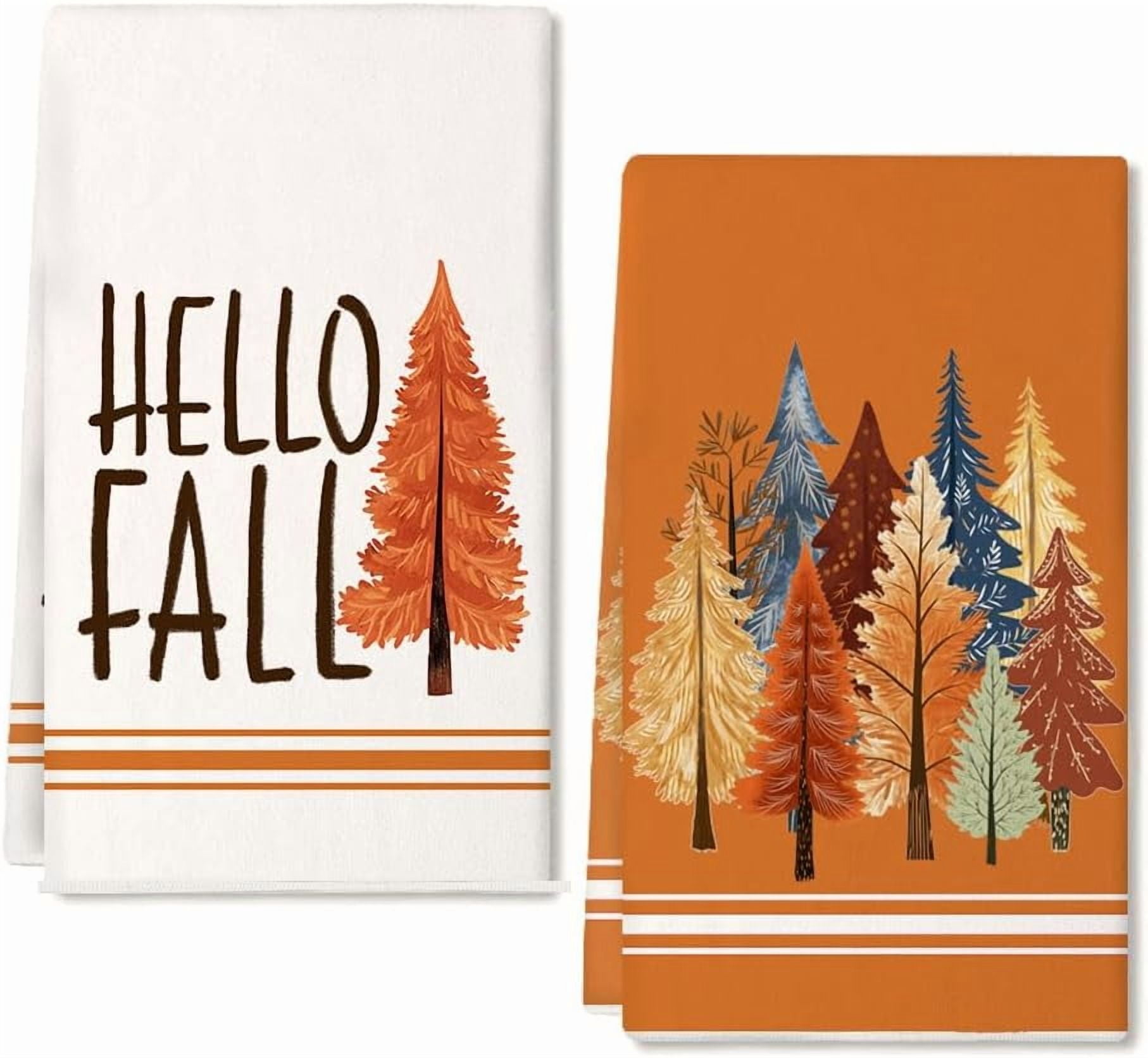 Hello Fall Kitchen Towels Set of 2,Orange Tree Autumn Dish Towels 18x26 ...
