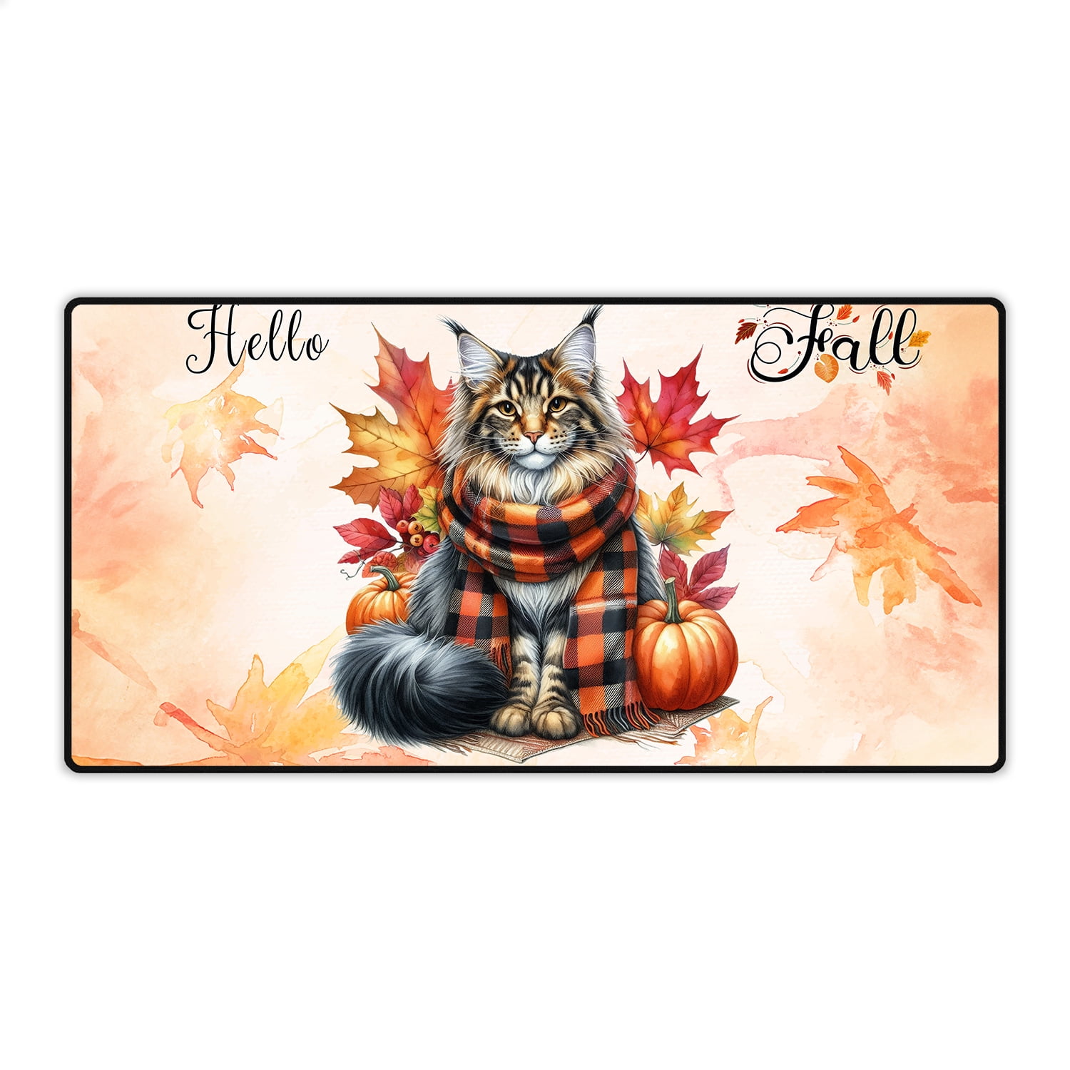 Hello Fall Maine Coon Scarf Welcome Autumn with Leaves Pumpkins Desk ...