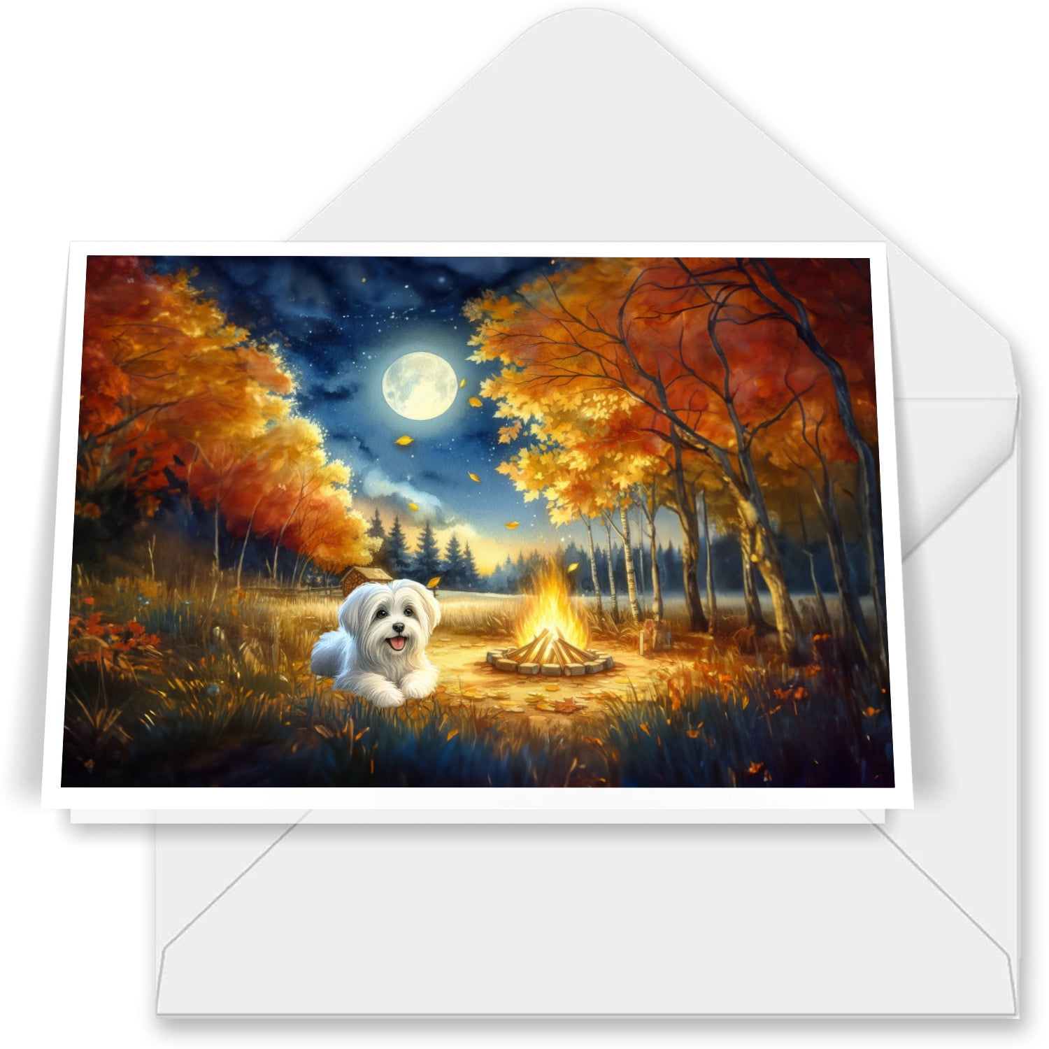 Hello Fall Maltese Enjoys Warm Campfire Autumn Night Bright Moon 7x5in ...