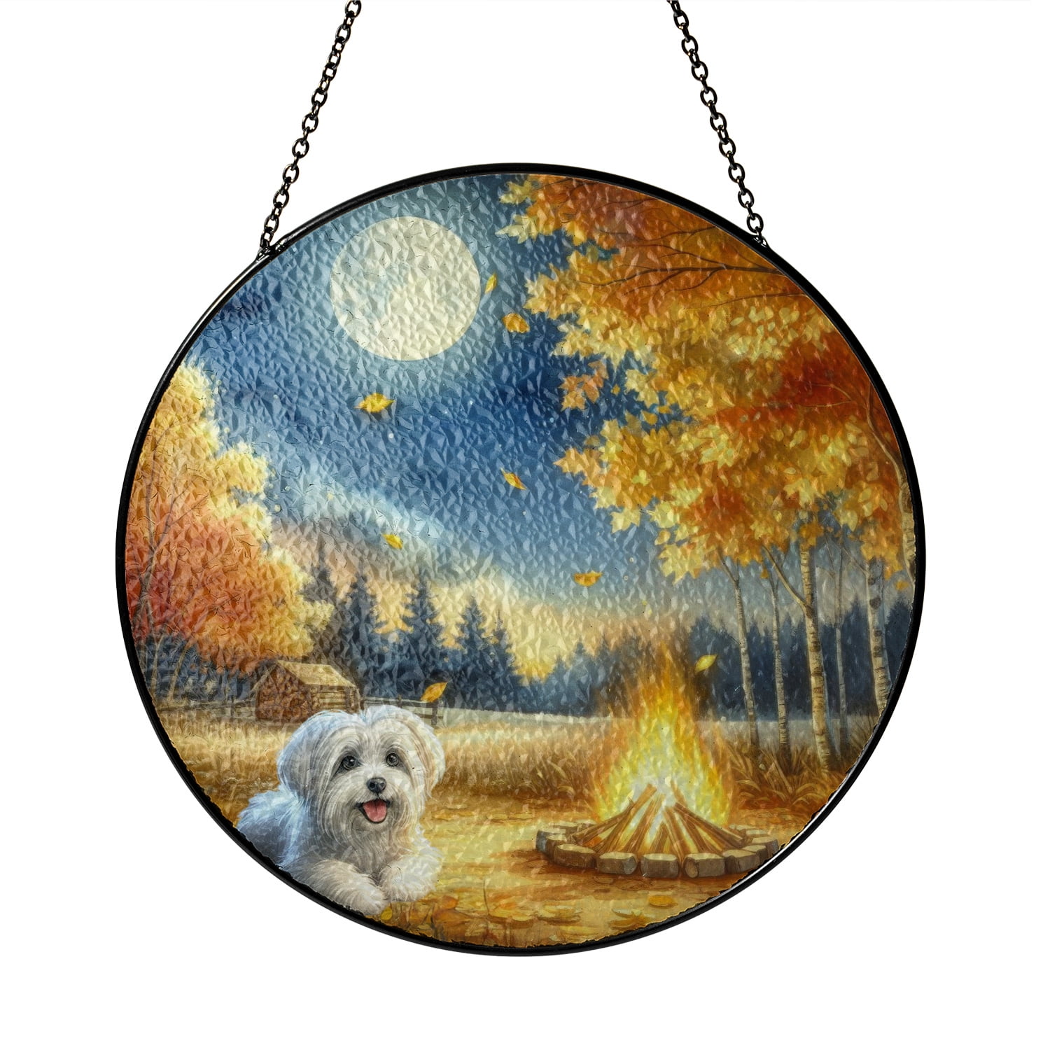 Hello Fall Maltese Enjoys Warm Campfire Autumn Night Bright Moon ...