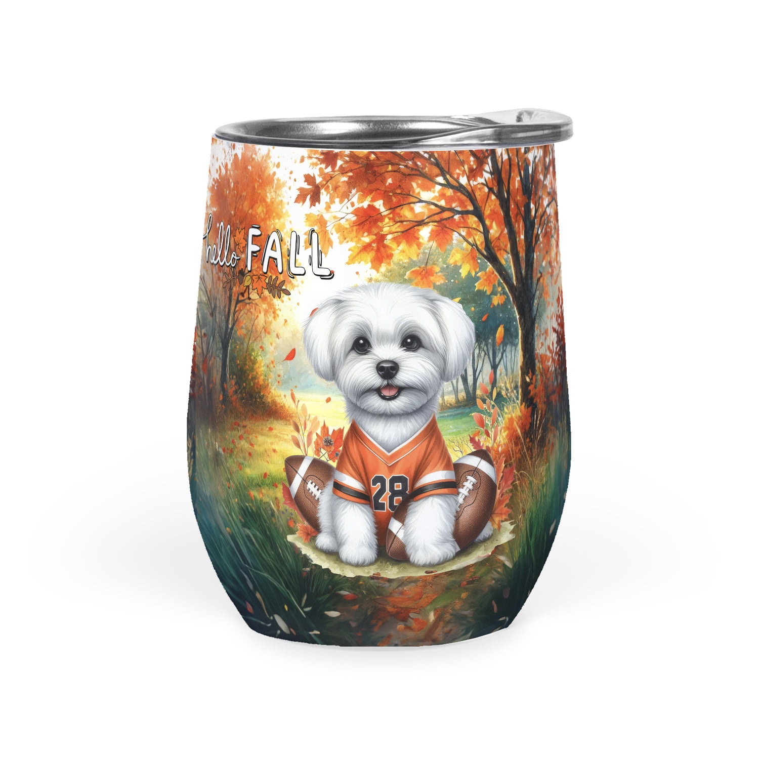 Hello Fall Maltese Football Welcome Autumn with Leaves Pumpkins 12oz ...