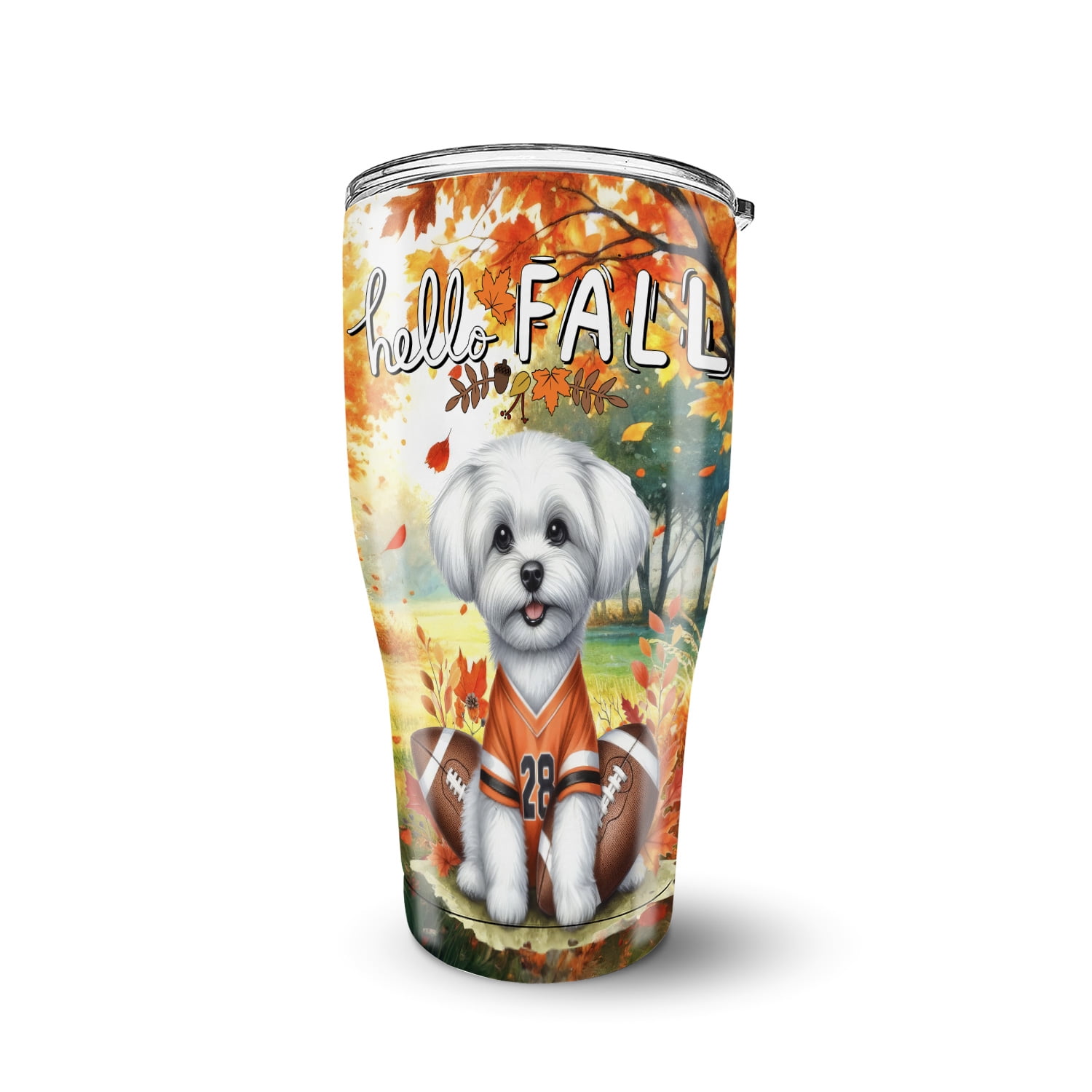 Hello Fall Maltese Football Welcome Autumn with Leaves Pumpkins 30oz ...