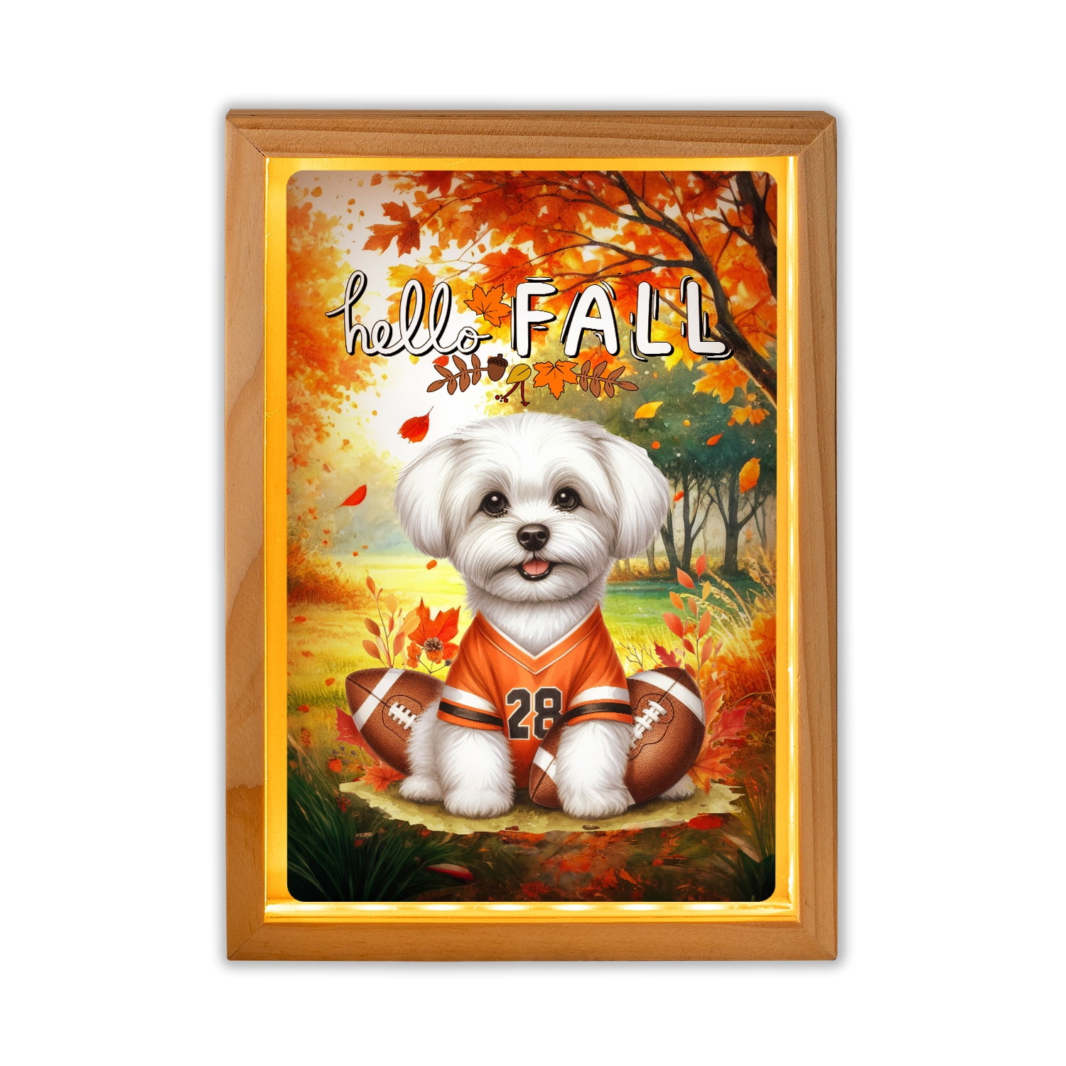 Hello Fall Maltese Football Welcome Autumn with Leaves Pumpkins Acrylic ...
