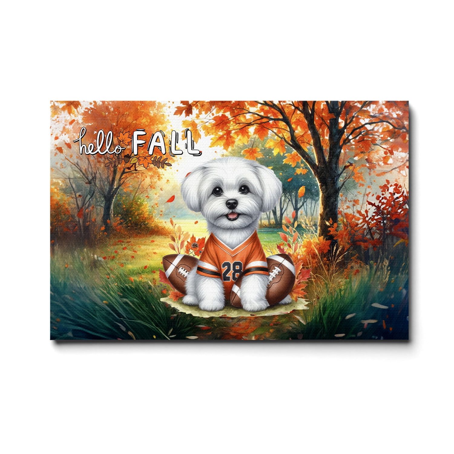 Hello Fall Maltese Football Welcome Autumn with Leaves Pumpkins ...