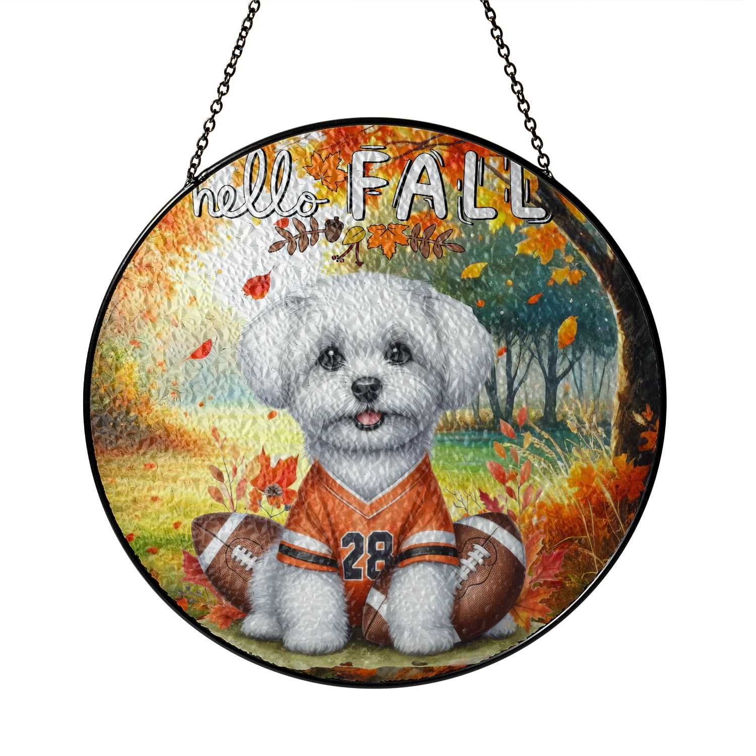 Hello Fall Maltese Football Welcome Autumn with Leaves Pumpkins Stained ...