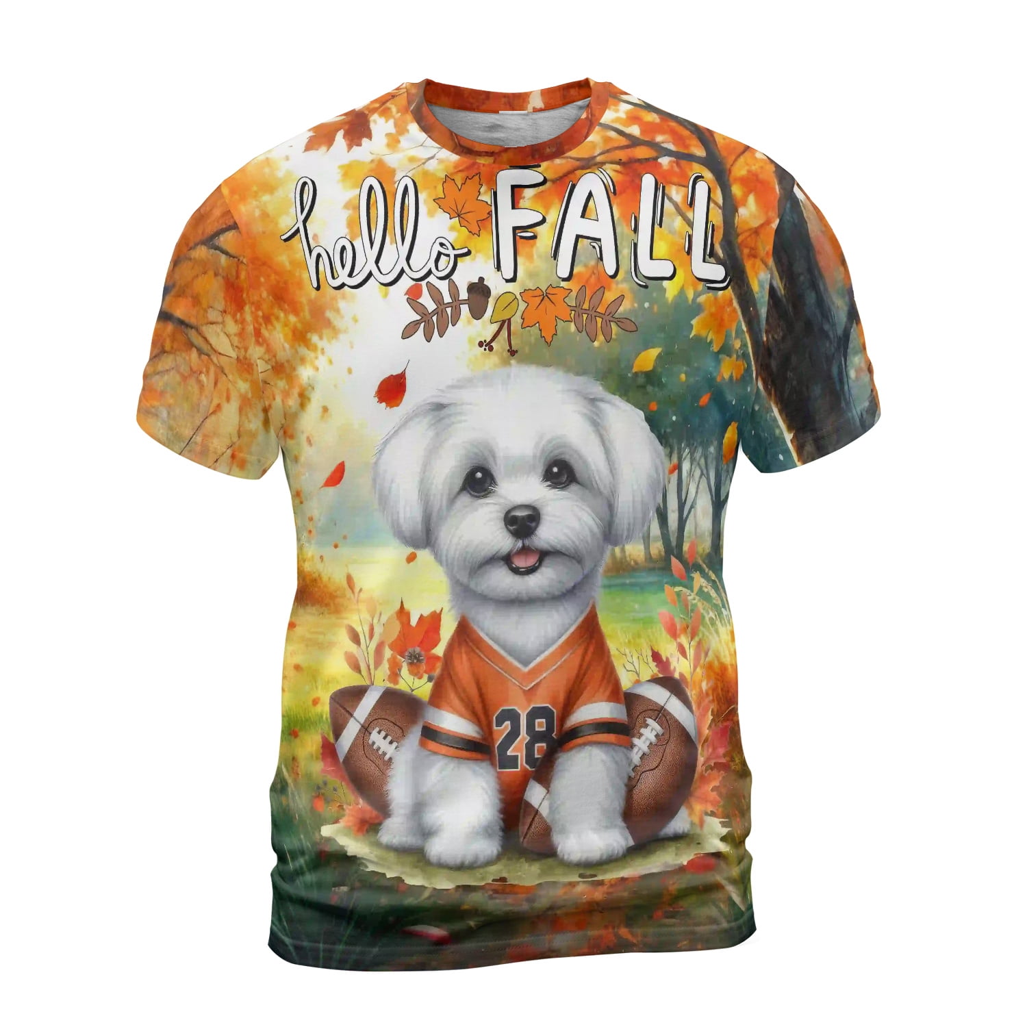 Hello Fall Maltese Football Welcome Autumn with Leaves Pumpkins All ...