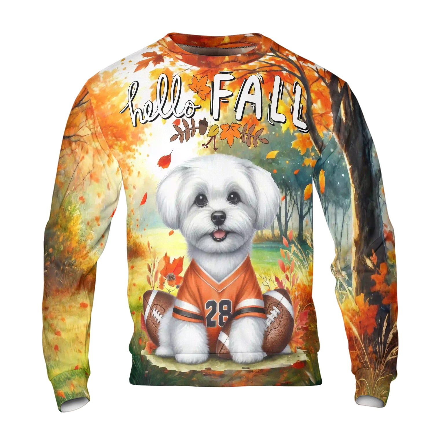 Hello Fall Maltese Football Welcome Autumn with Leaves Pumpkins All ...