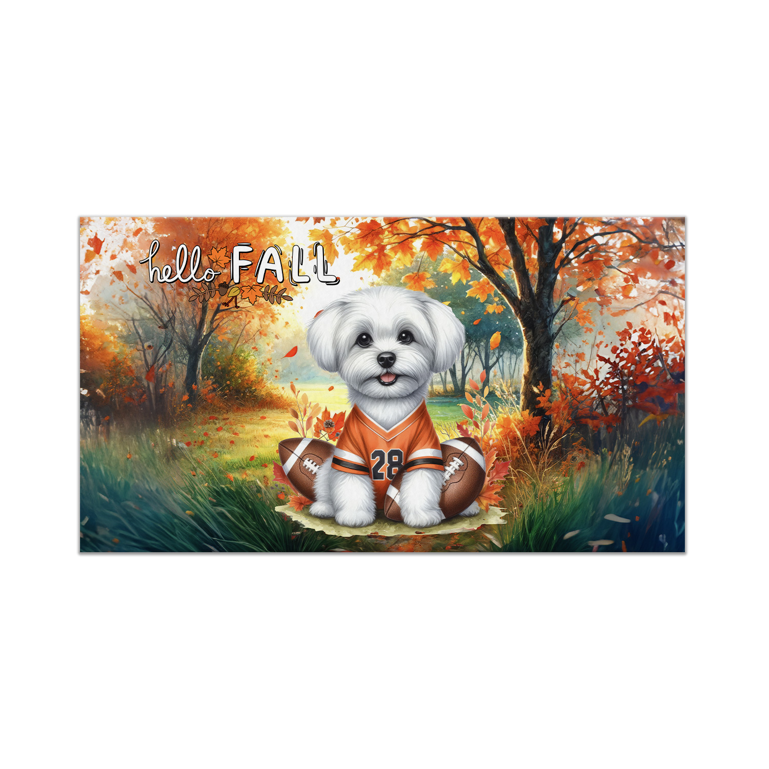 Hello Fall Maltese Football Welcome Autumn with Leaves Pumpkins Doormat ...