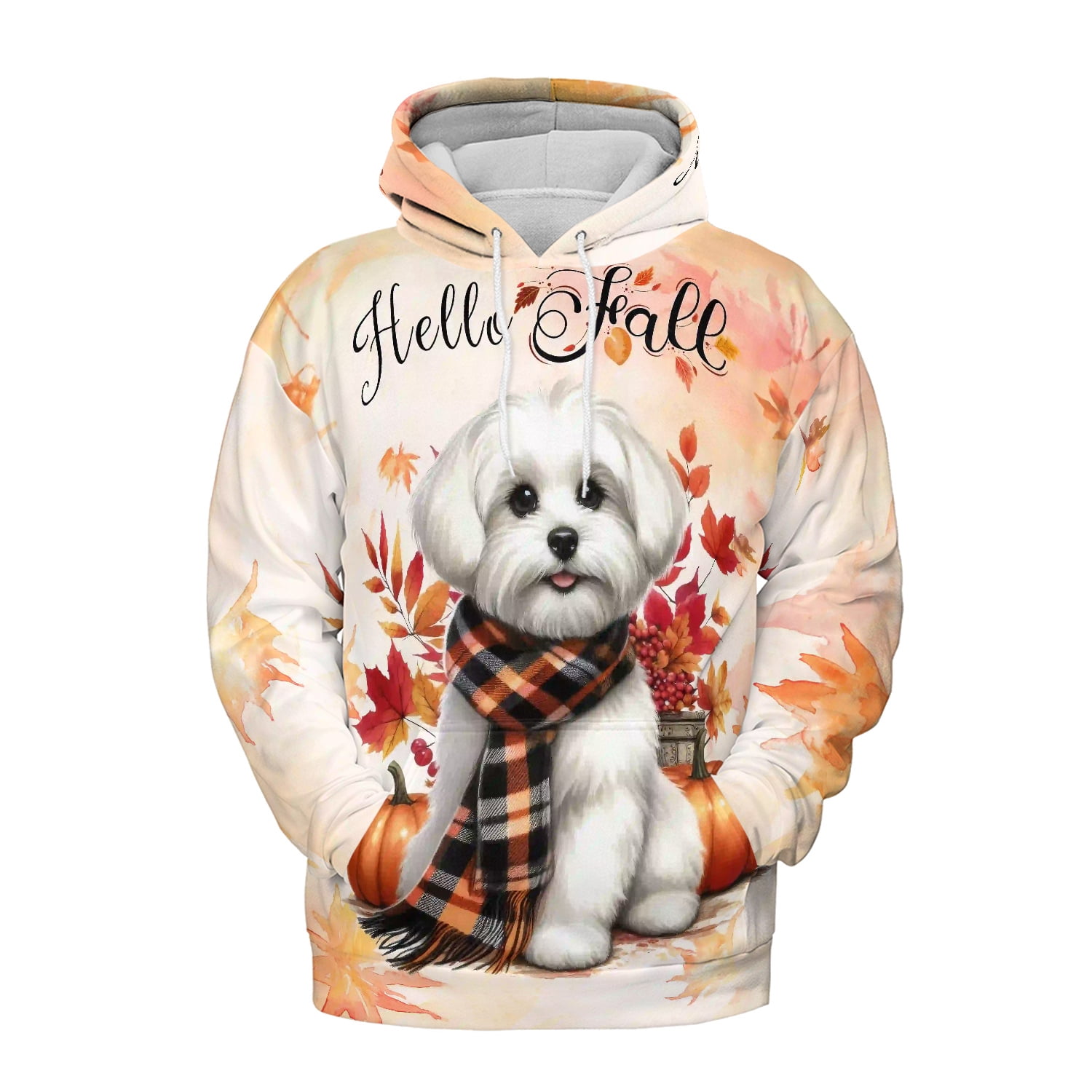 Hello Fall Maltese Scarf Welcome Autumn with Leaves Pumpkins All Over ...