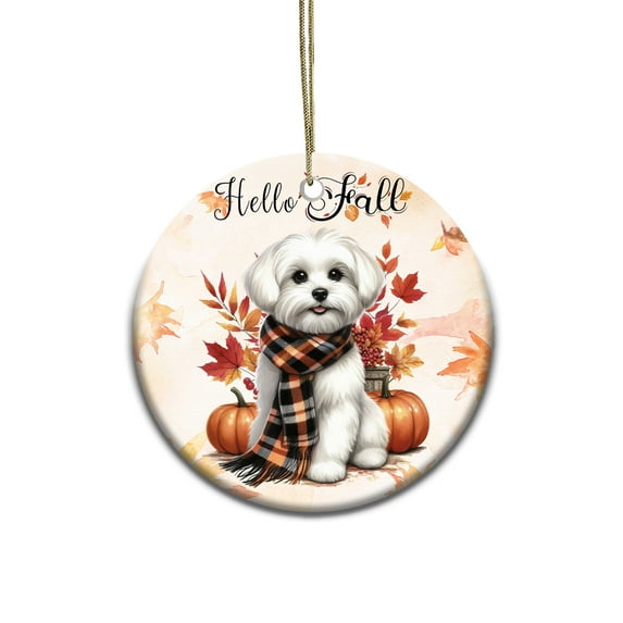 Hello Fall Maltese Scarf Welcome Autumn with Leaves Pumpkins Ceramic ...