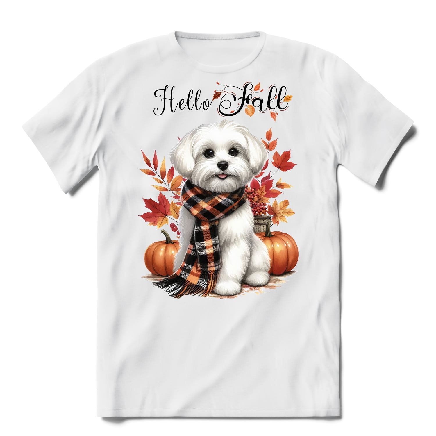 Hello Fall Maltese Scarf Welcome Autumn with Leaves Pumpkins Shirt T ...