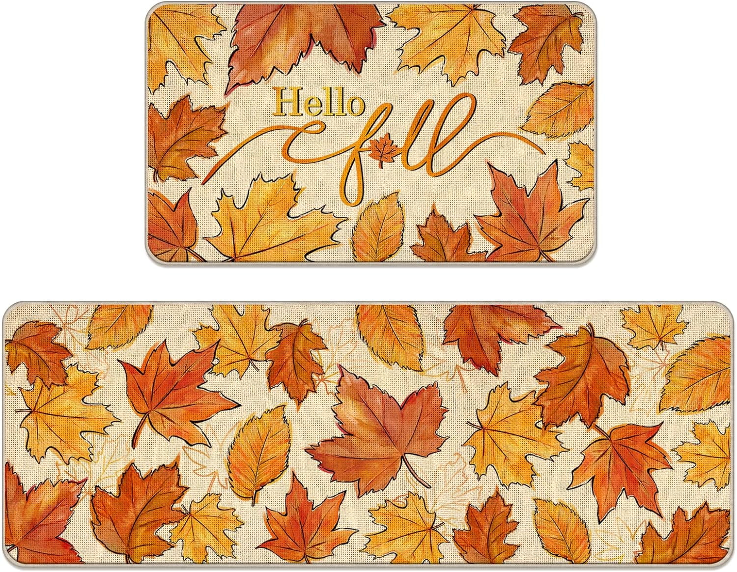 Hello Fall Maple Leaves Kitchen Rugs Set of 2, Autumn Leaf Farmhouse ...