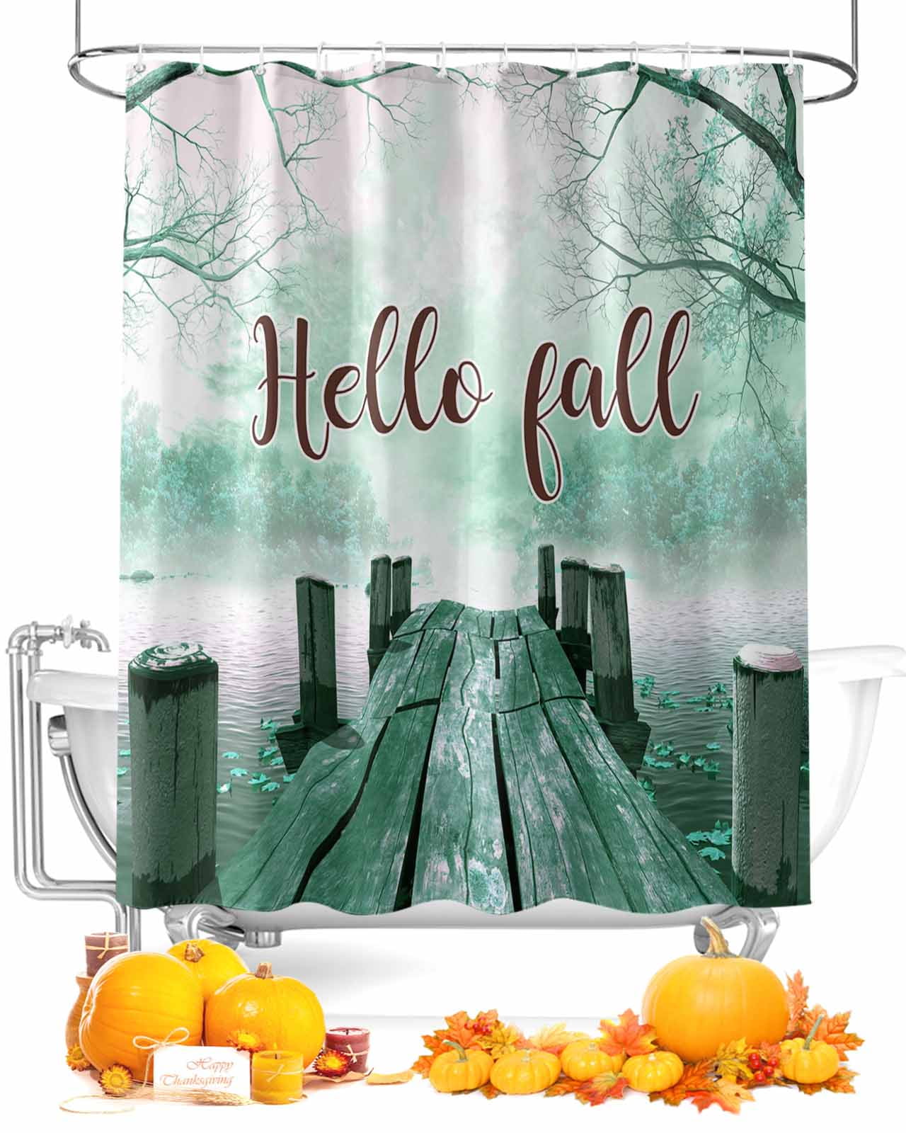 Hello Fall Old Wharf on Lake, Foggy in Distance Teal Shower Curtain Set ...