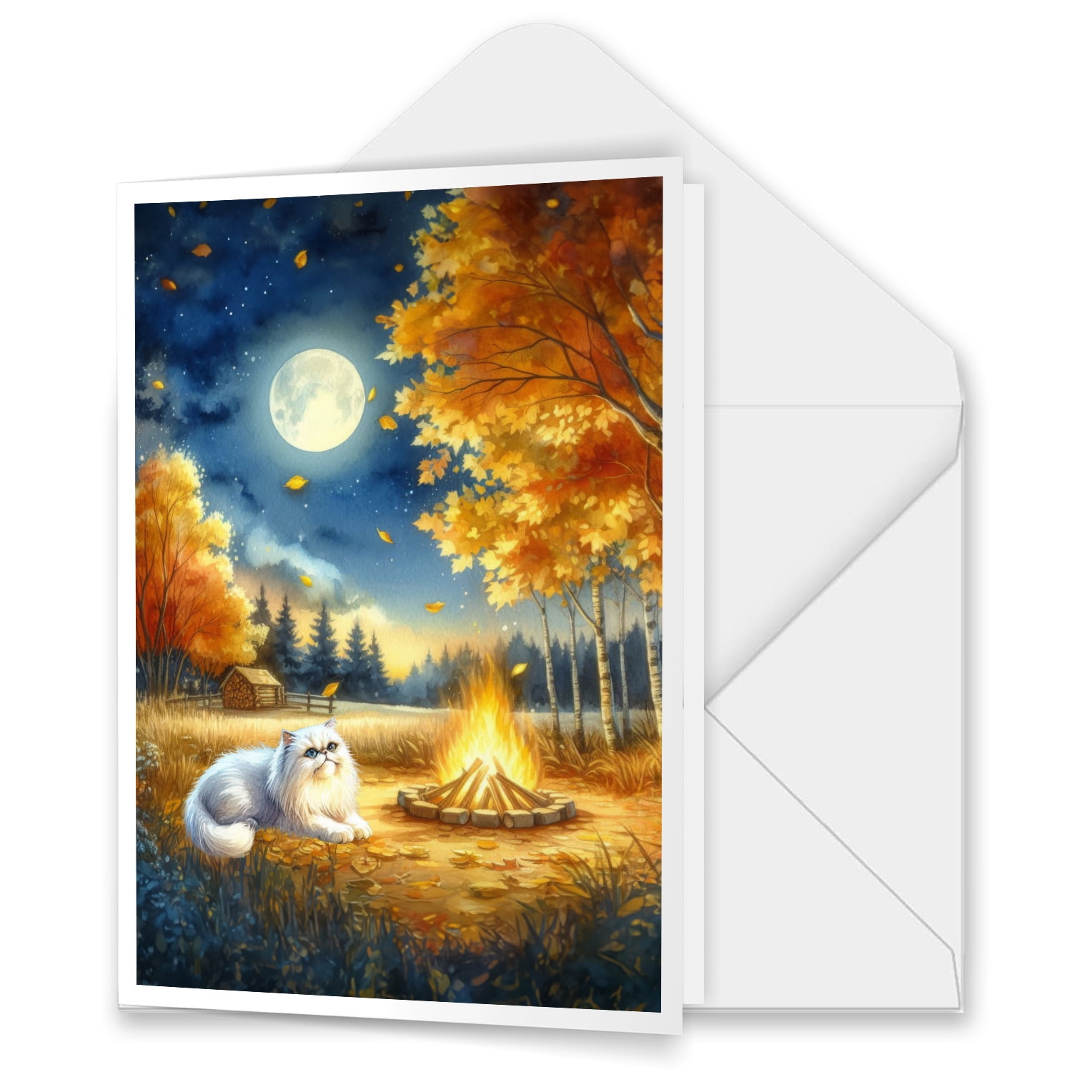 Hello Fall Persian Enjoys Warm Campfire Autumn Night Bright Moon 5x7in ...