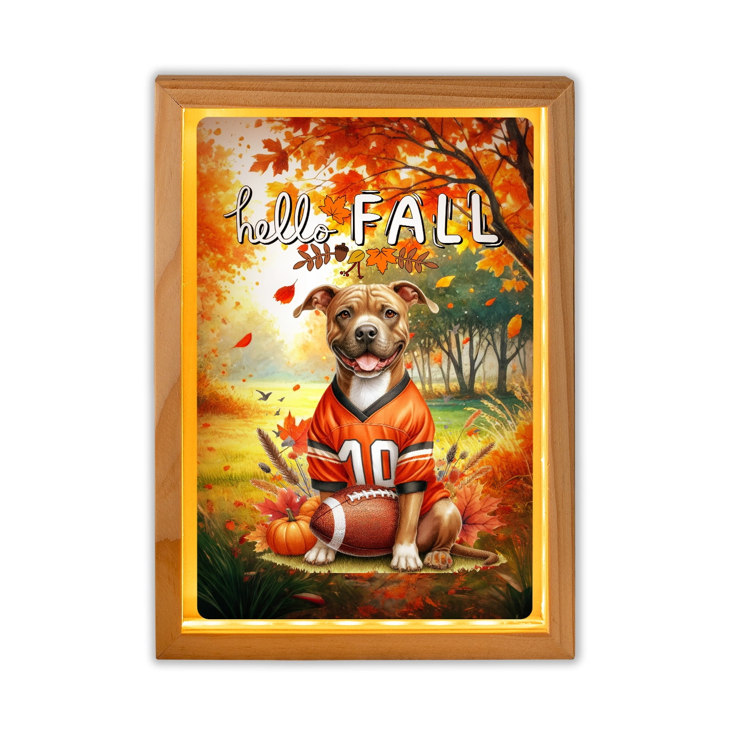 Hello Fall Pitbull Football Welcome Autumn with Leaves Pumpkins Acrylic ...