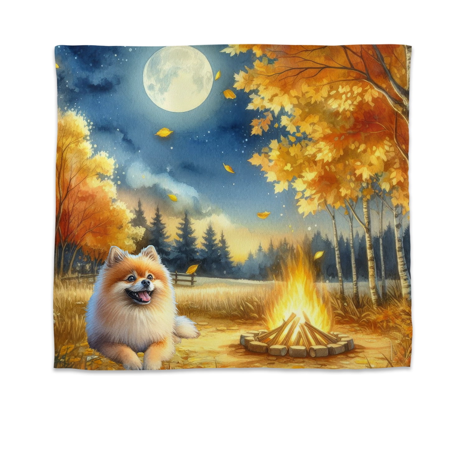 Hello Fall Pomeranian Enjoys Warm Campfire Autumn Night Bright Moon ...