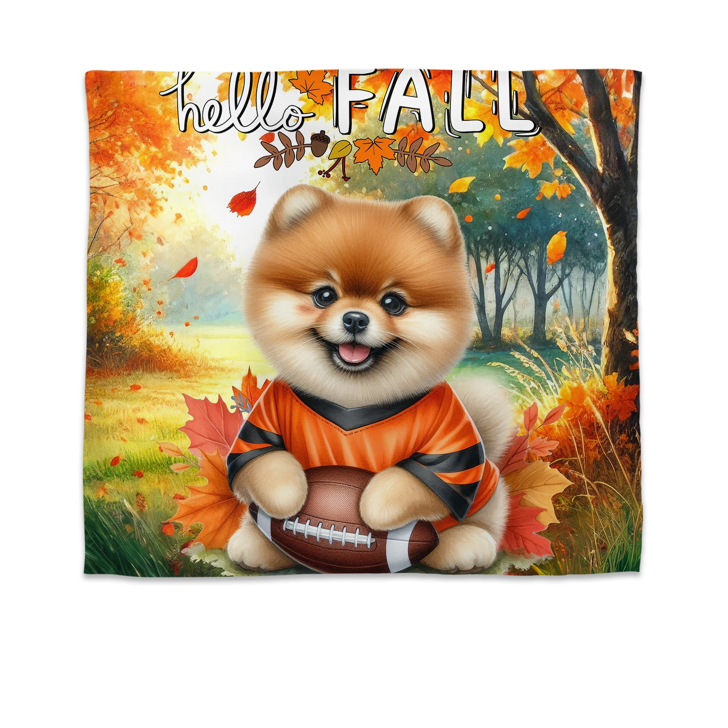 Hello Fall Pomeranian Football Welcome Autumn with Leaves Pumpkins ...