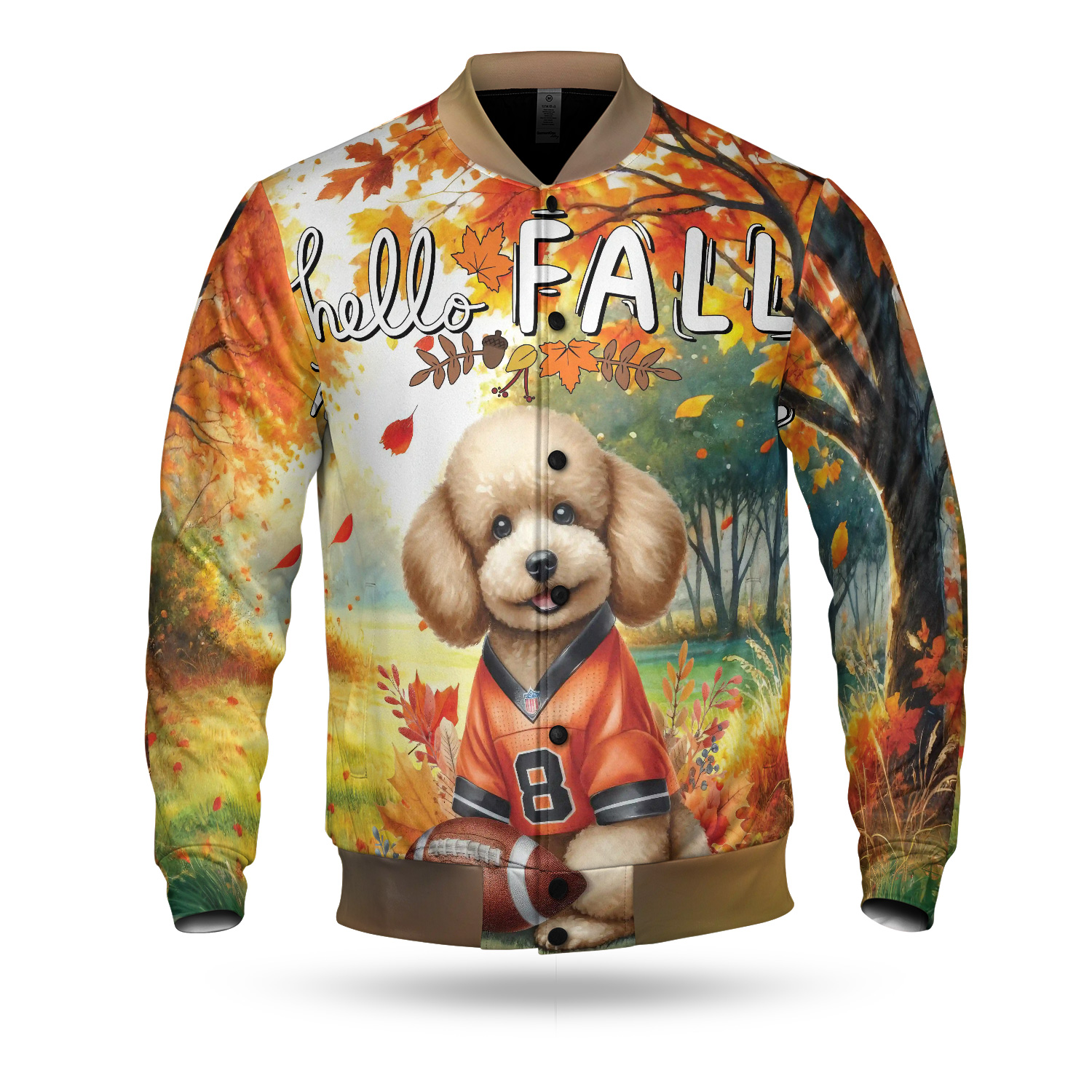 Hello Fall Poodle Football Welcome Autumn with Leaves Pumpkins All Over ...