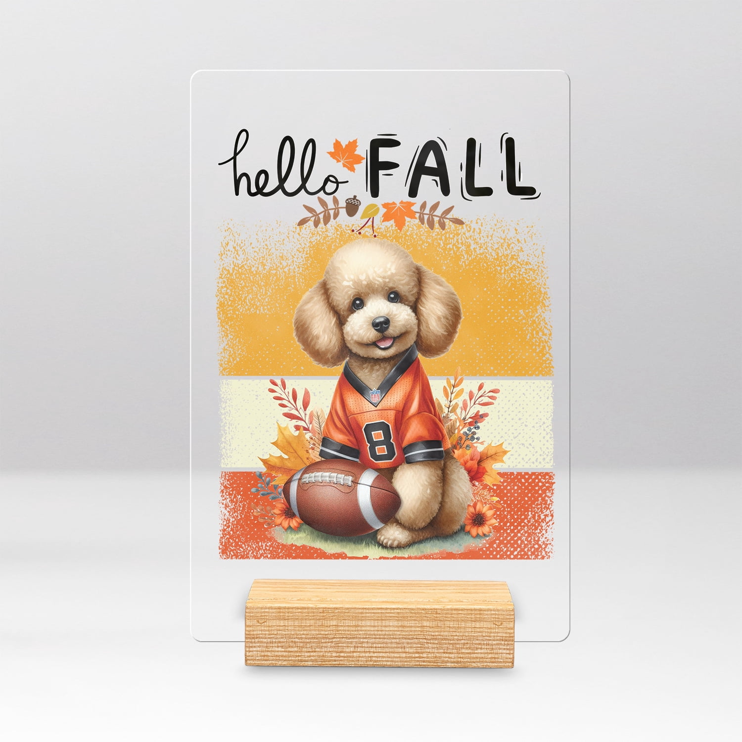 Hello Fall Poodle Football Welcome Autumn with Leaves Pumpkins Acrylic ...