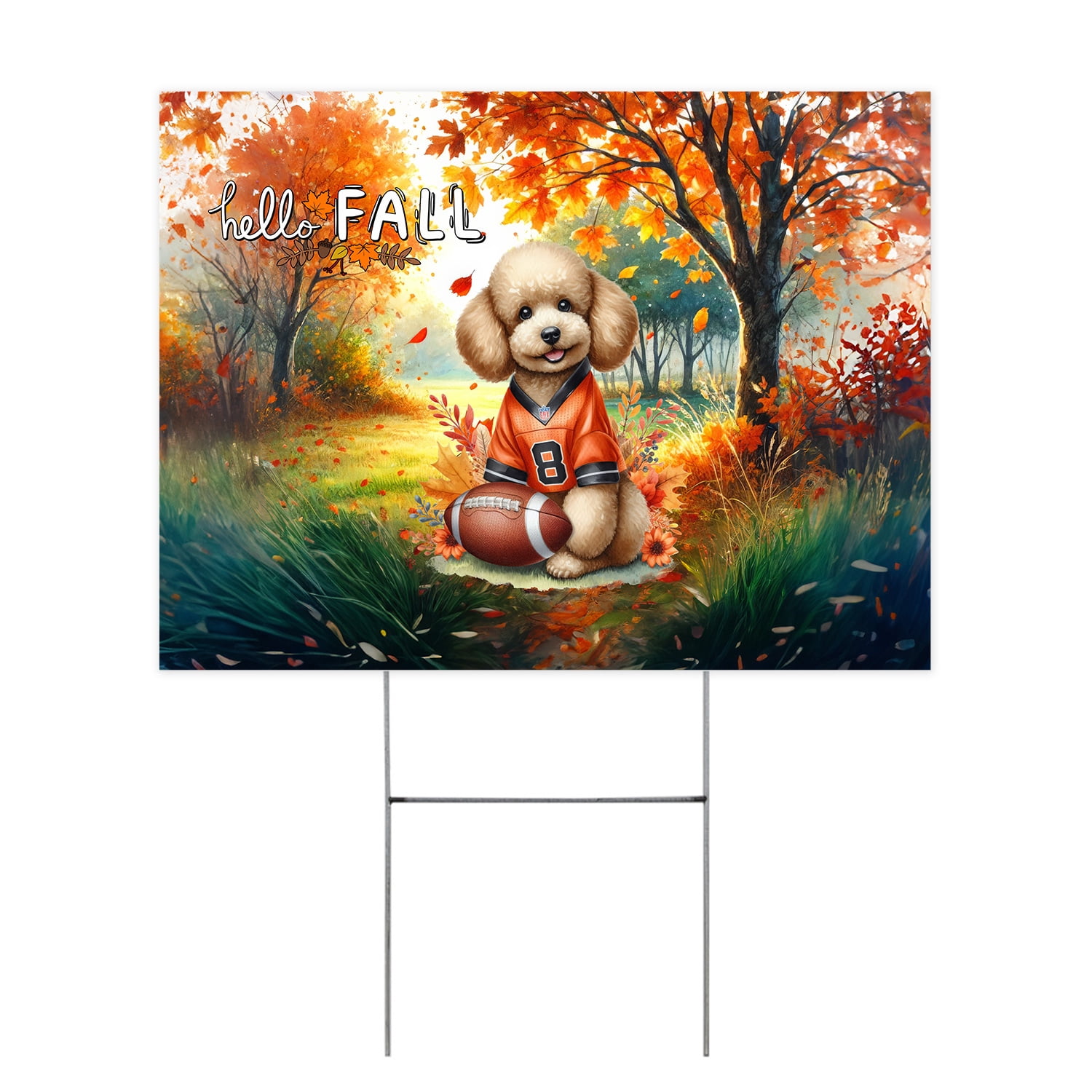 Hello Fall Poodle Football Welcome Autumn with Leaves Pumpkins Yard ...
