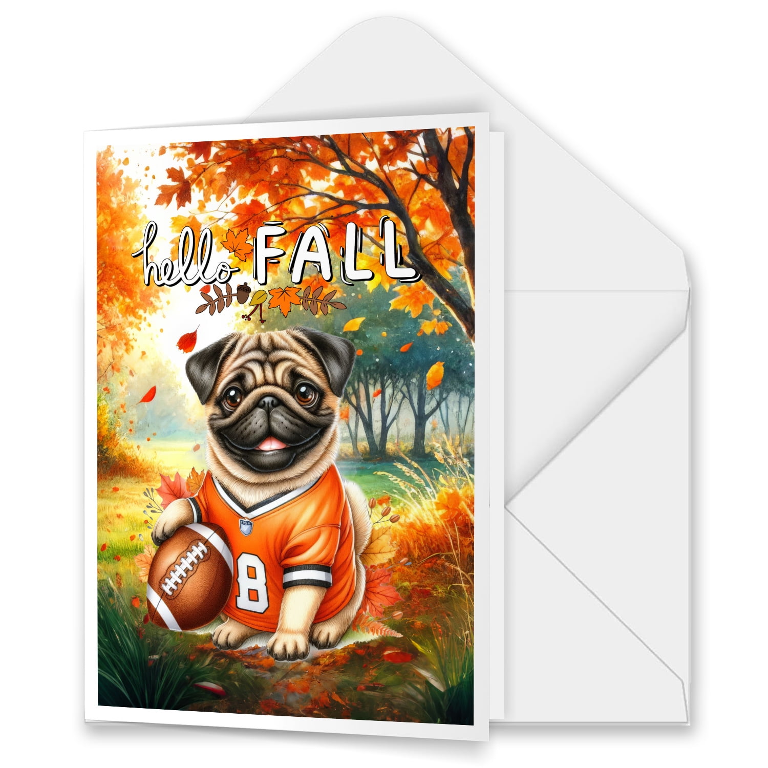 Hello Fall Pug Football Welcome Autumn with Leaves Pumpkins 5x7in ...