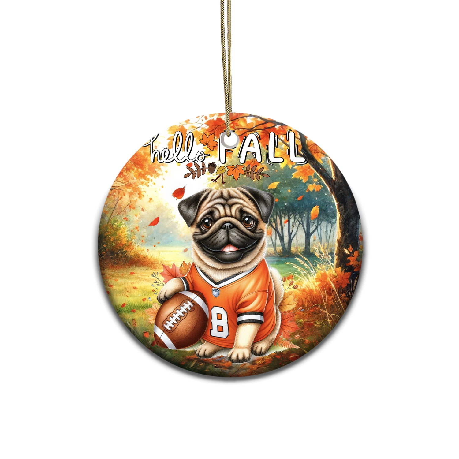 Hello Fall Pug Football Welcome Autumn with Leaves Pumpkins Ceramic ...