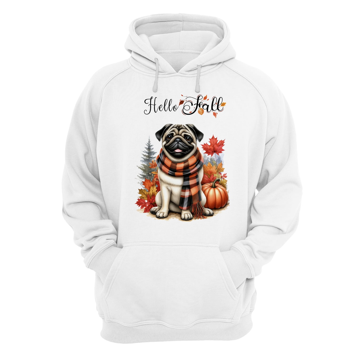 Hello Fall Pug Scarf Welcome Autumn with Leaves Pumpkins Hoodie Unisex ...