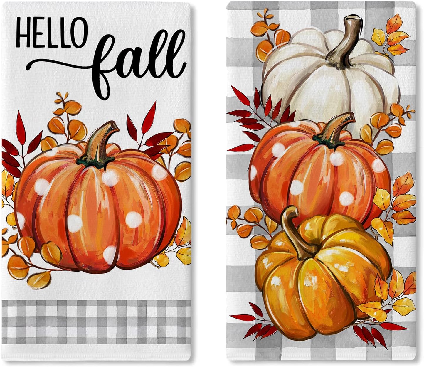 Hello Fall Pumpkin Kitchen Dish Towels Set of 2, Autumn Harvest Leaves ...