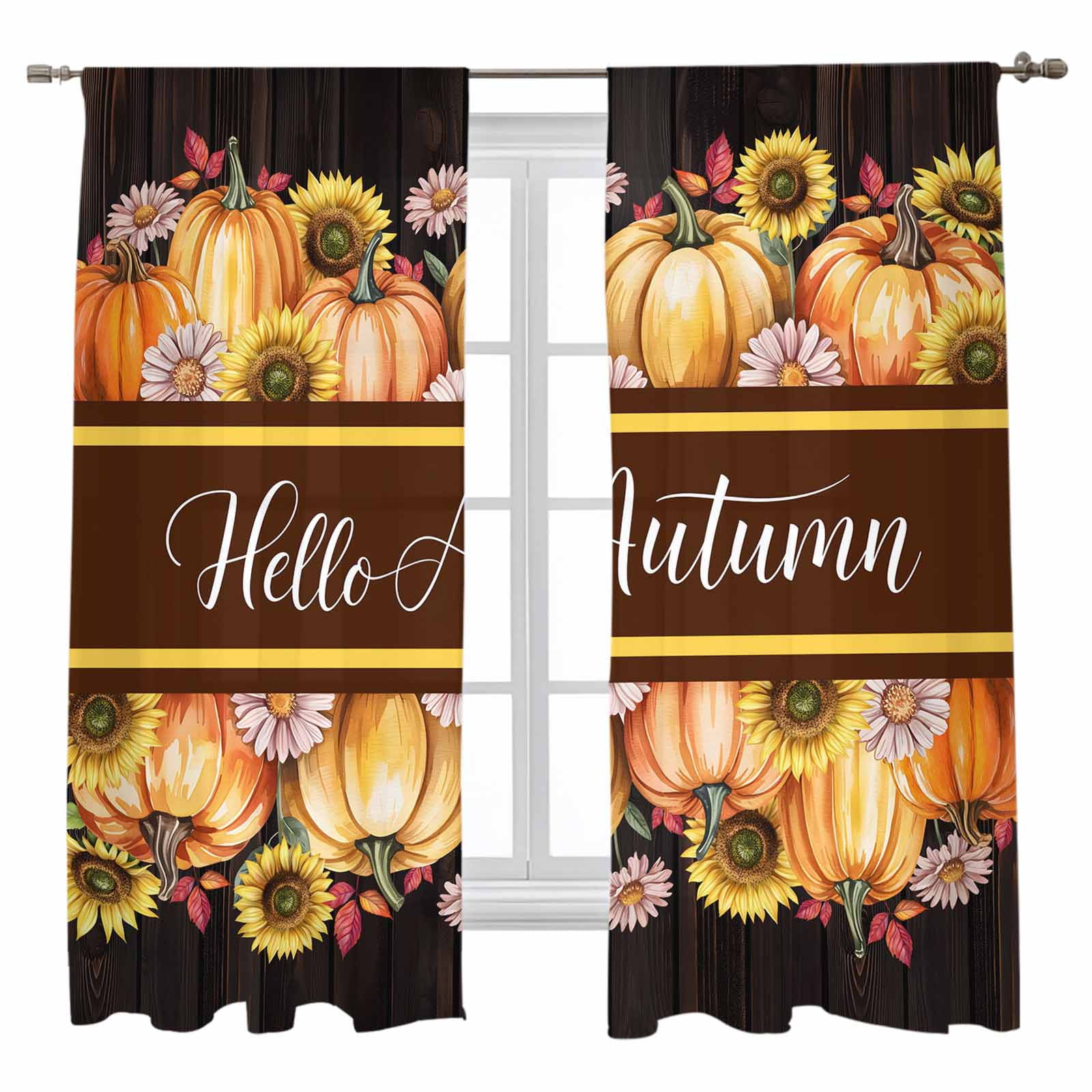 Hello Fall Pumpkin Sheer Curtains 63 inches Long, Sunflower Daisy ...