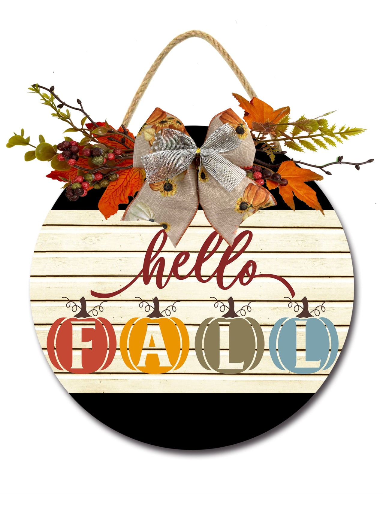Hello Fall Pumpkins Sign Front Door Porch Decorations, Round Rustic ...
