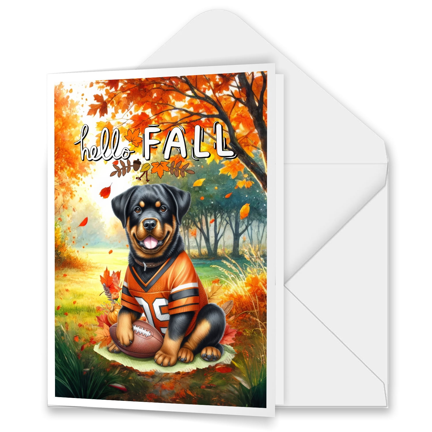 Hello Fall Rottweiler Football Welcome Autumn with Leaves Pumpkins ...