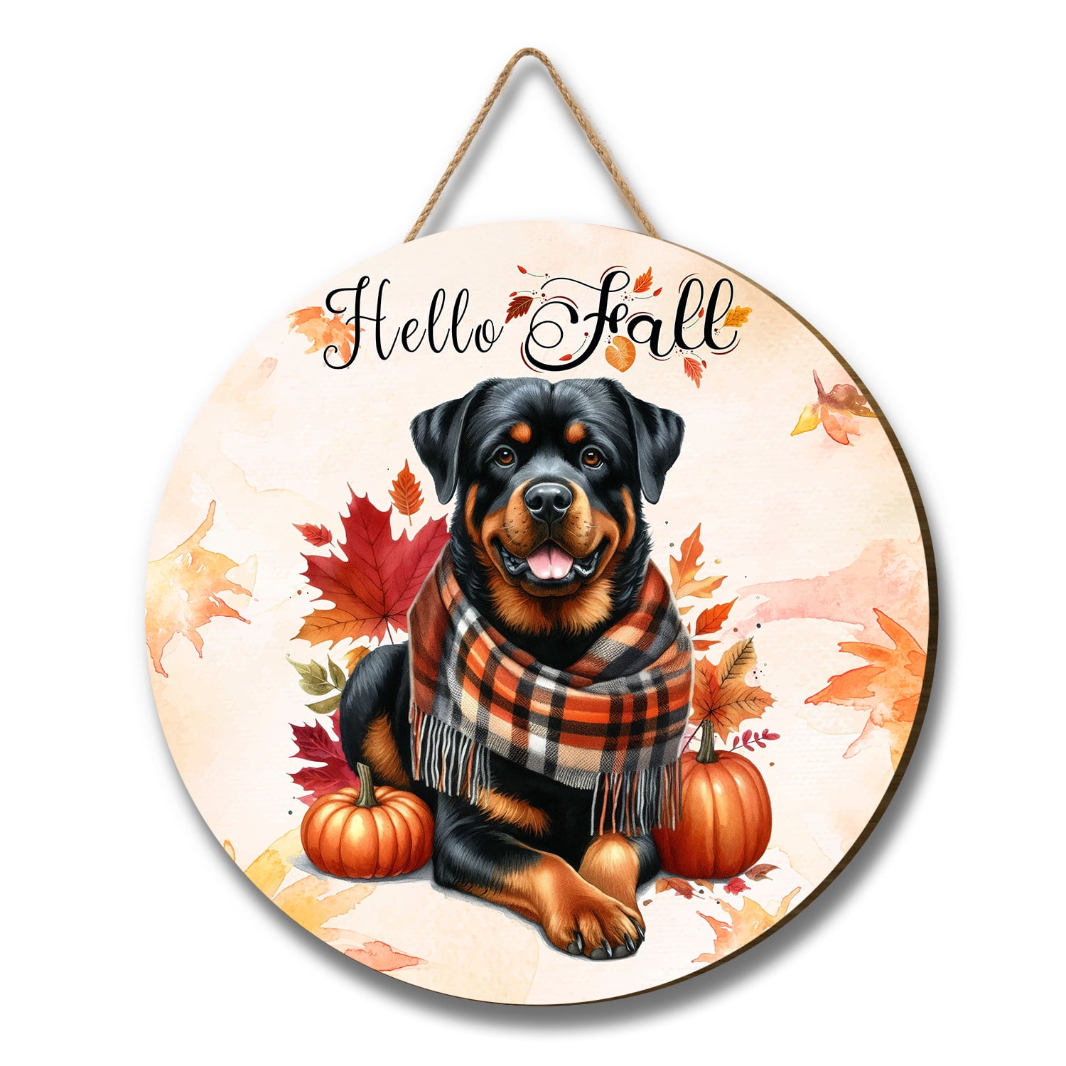 Hello Fall Rottweiler Scarf Welcome Autumn with Leaves Pumpkins Round ...
