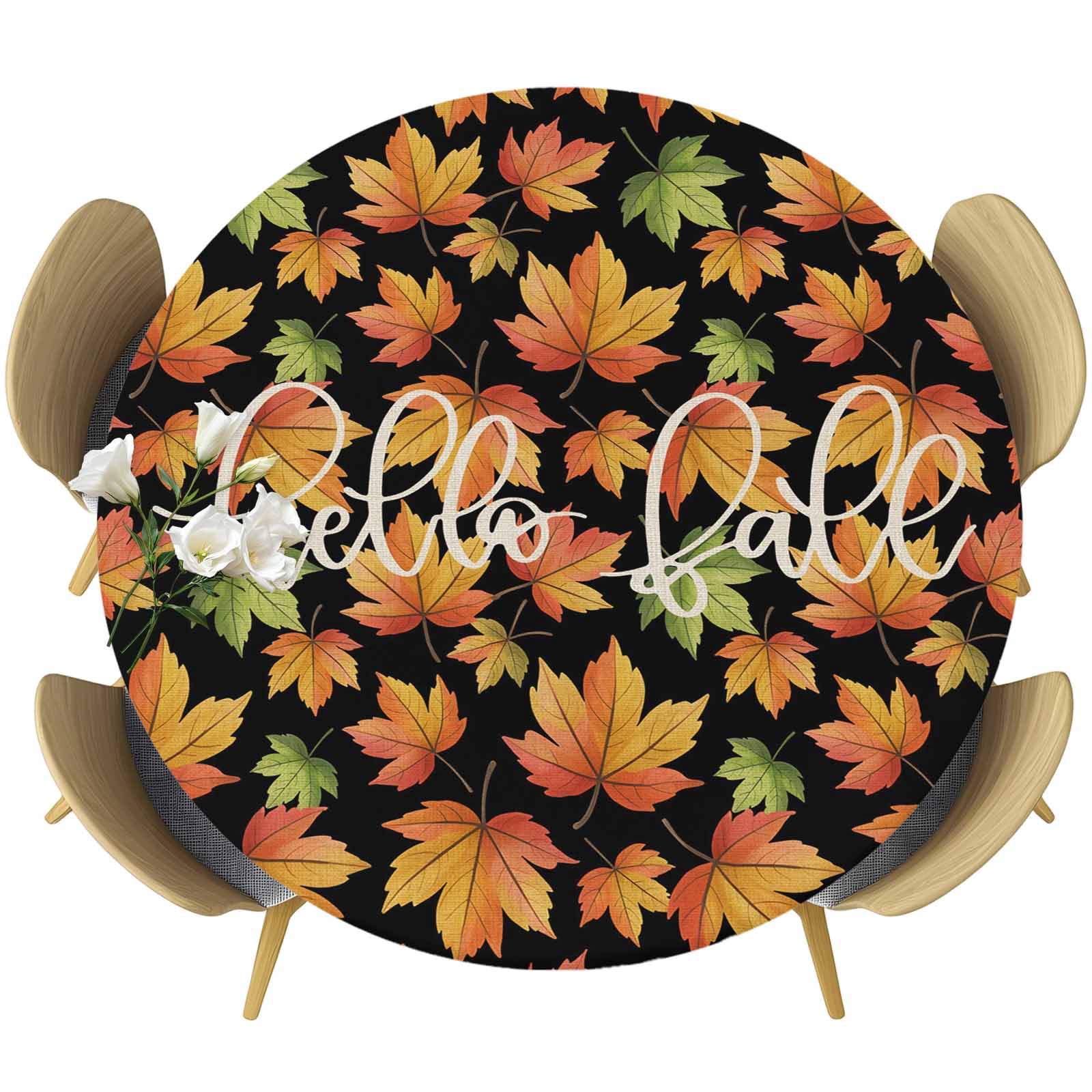 Hello Fall Round Tablecloth, Fitted Table Cover with Elastic for 36