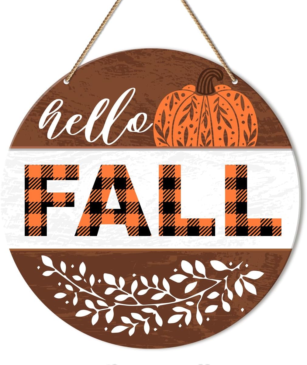 Hello Fall Round Wooden Front Door Decor Sign, Fall Pumpkin Welcome ...