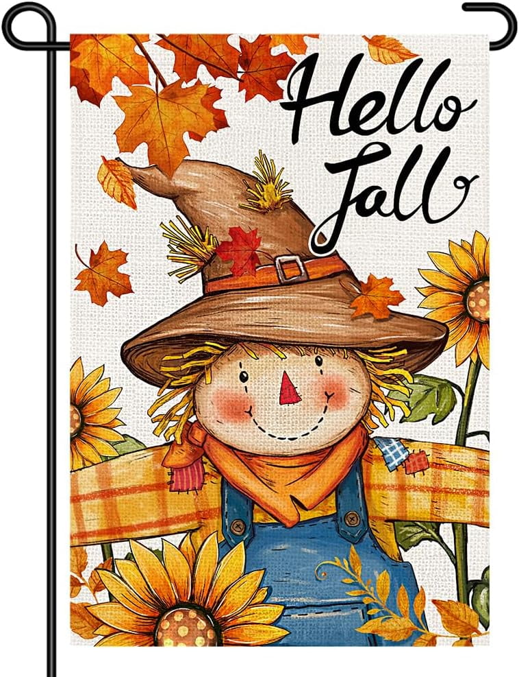 Hello Fall Scarecrow Garden Flags for Outside Double Sided Burlap ...
