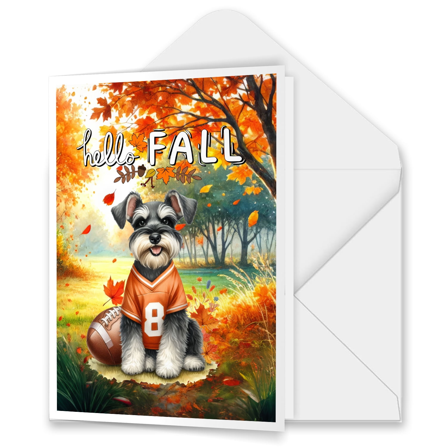 Hello Fall Schnauzer Football Welcome Autumn with Leaves Pumpkins 5x7in ...