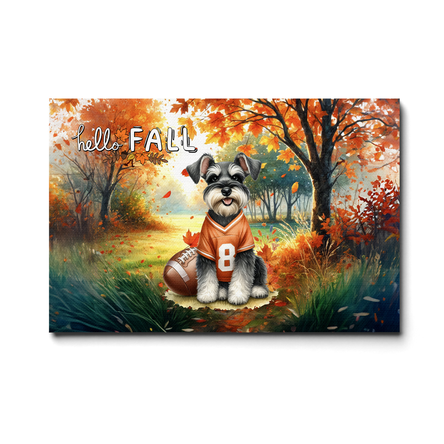Hello Fall Schnauzer Football Welcome Autumn with Leaves Pumpkins ...
