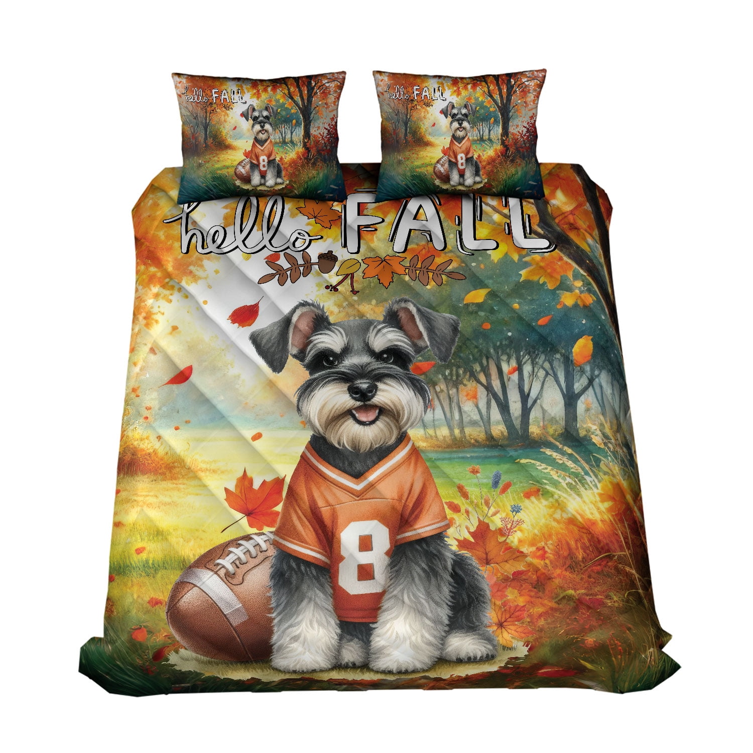 Hello Fall Schnauzer Football Welcome Autumn with Leaves Pumpkins Quilt ...