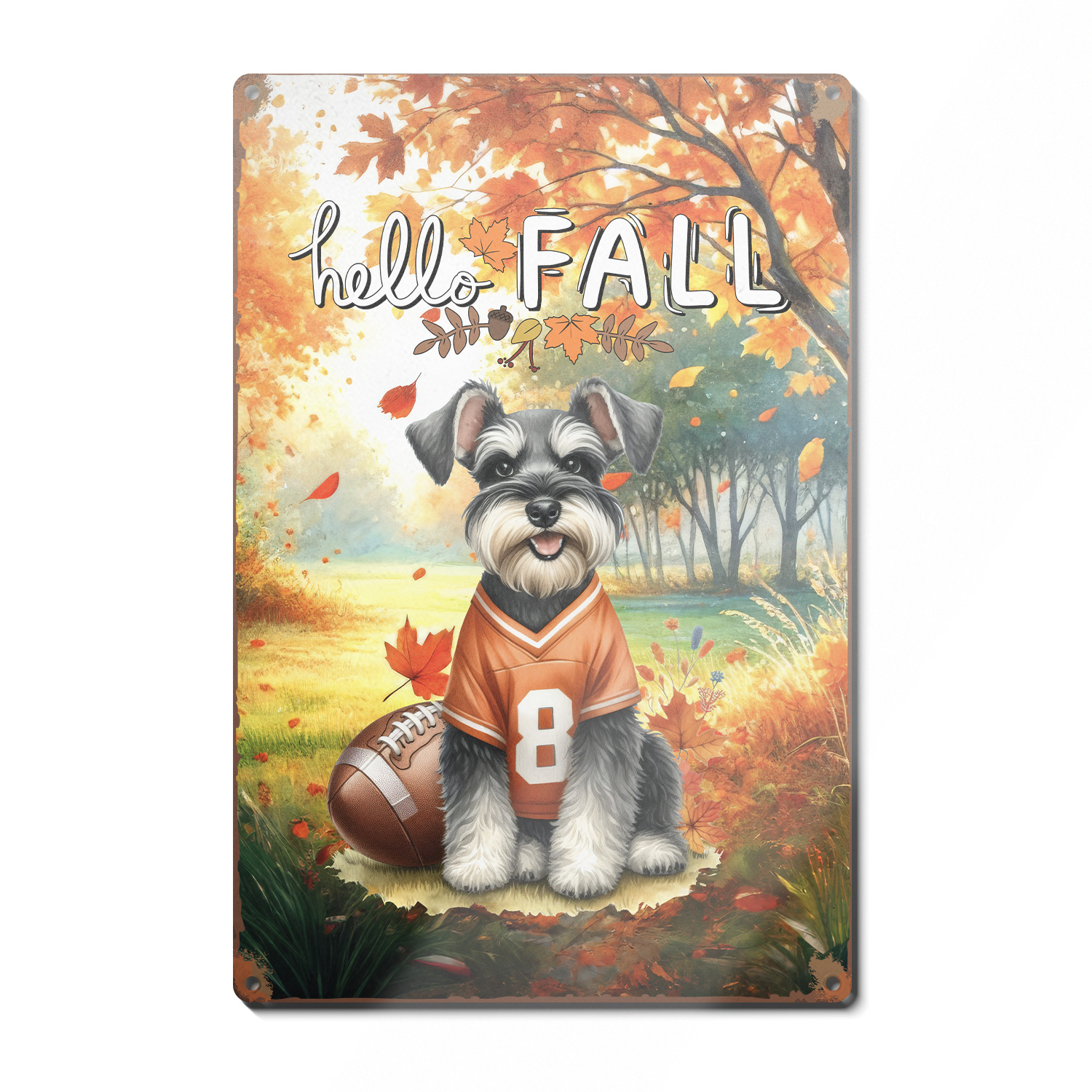 Hello Fall Schnauzer Football Welcome Autumn with Leaves Pumpkins ...