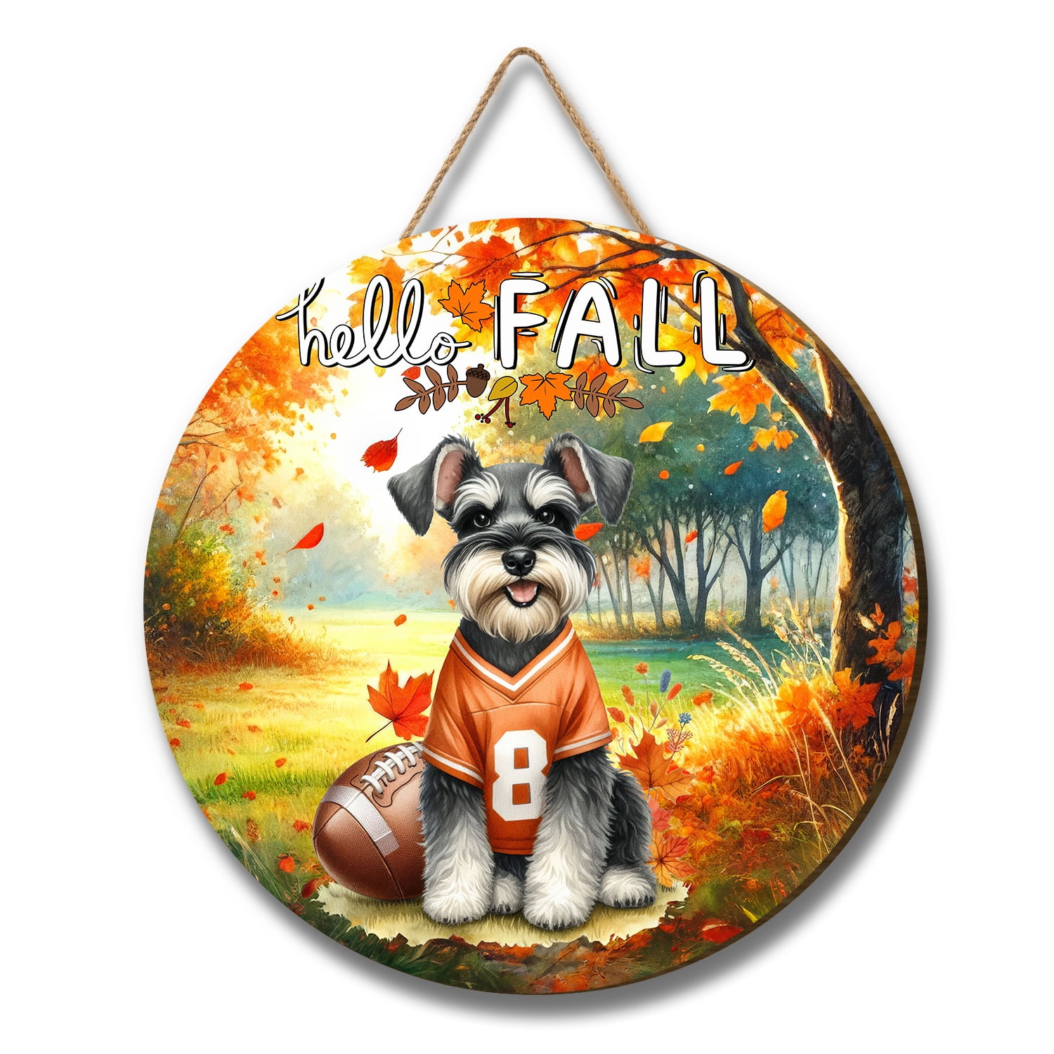 Hello Fall Schnauzer Football Welcome Autumn with Leaves Pumpkins Round ...
