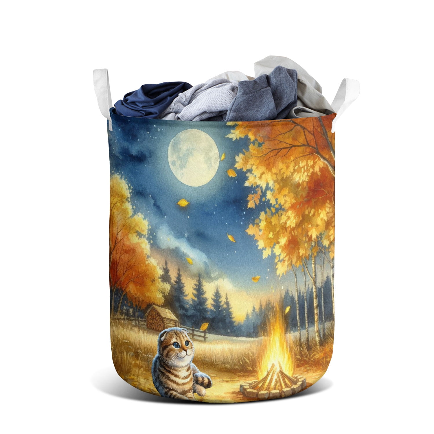 Hello Fall Scottish Fold Enjoys Warm Campfire Autumn Night Bright Moon ...