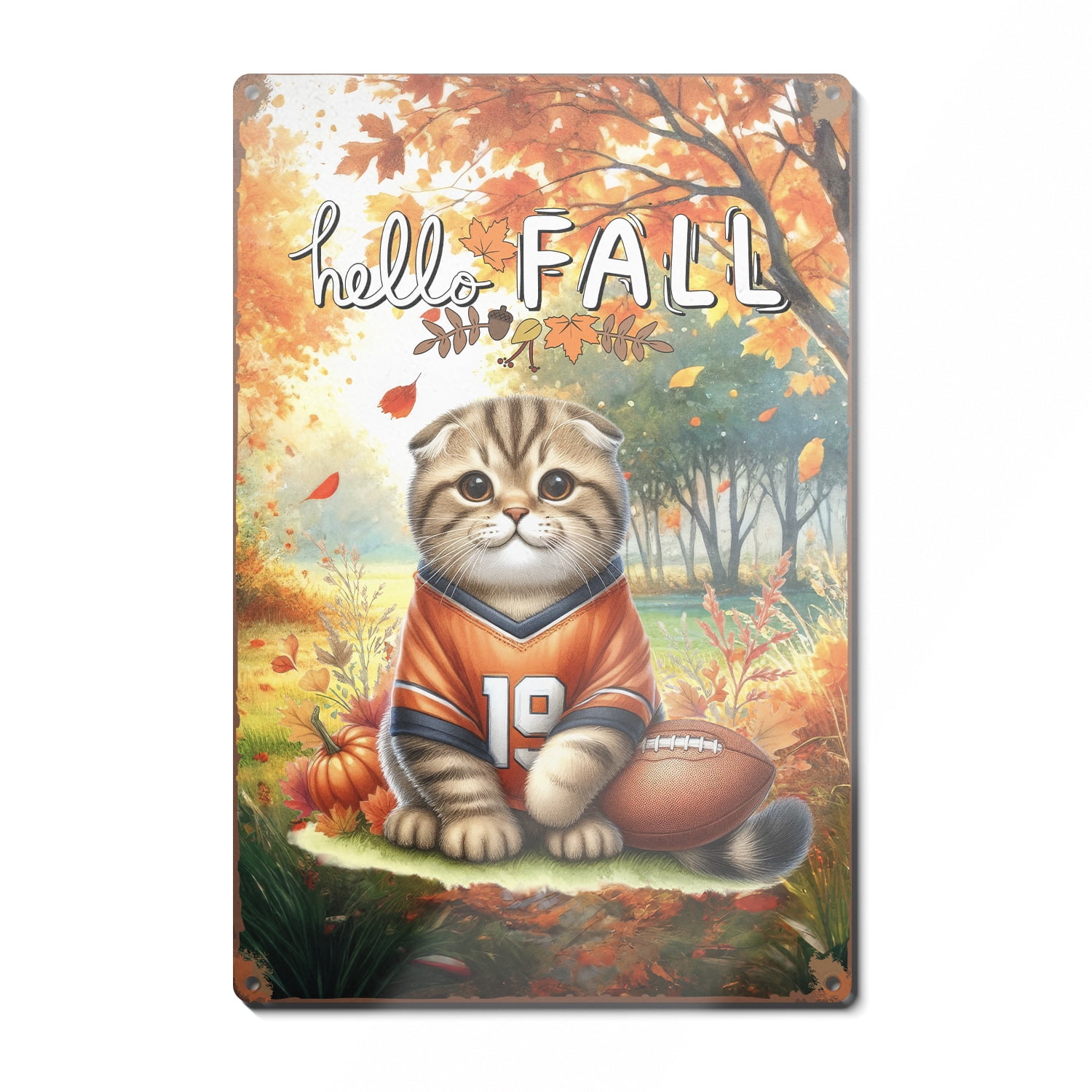 Hello Fall Scottish Fold Football Welcome Autumn with Leaves Pumpkins ...