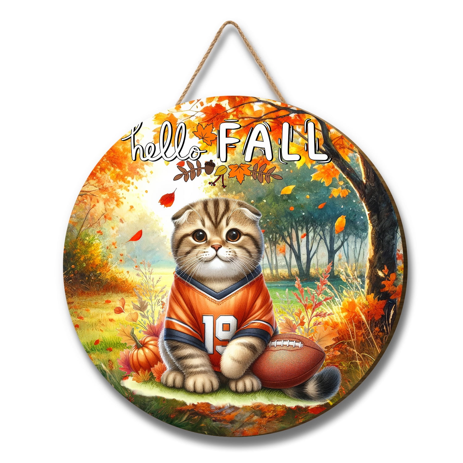 Hello Fall Scottish Fold Football Welcome Autumn with Leaves Pumpkins ...