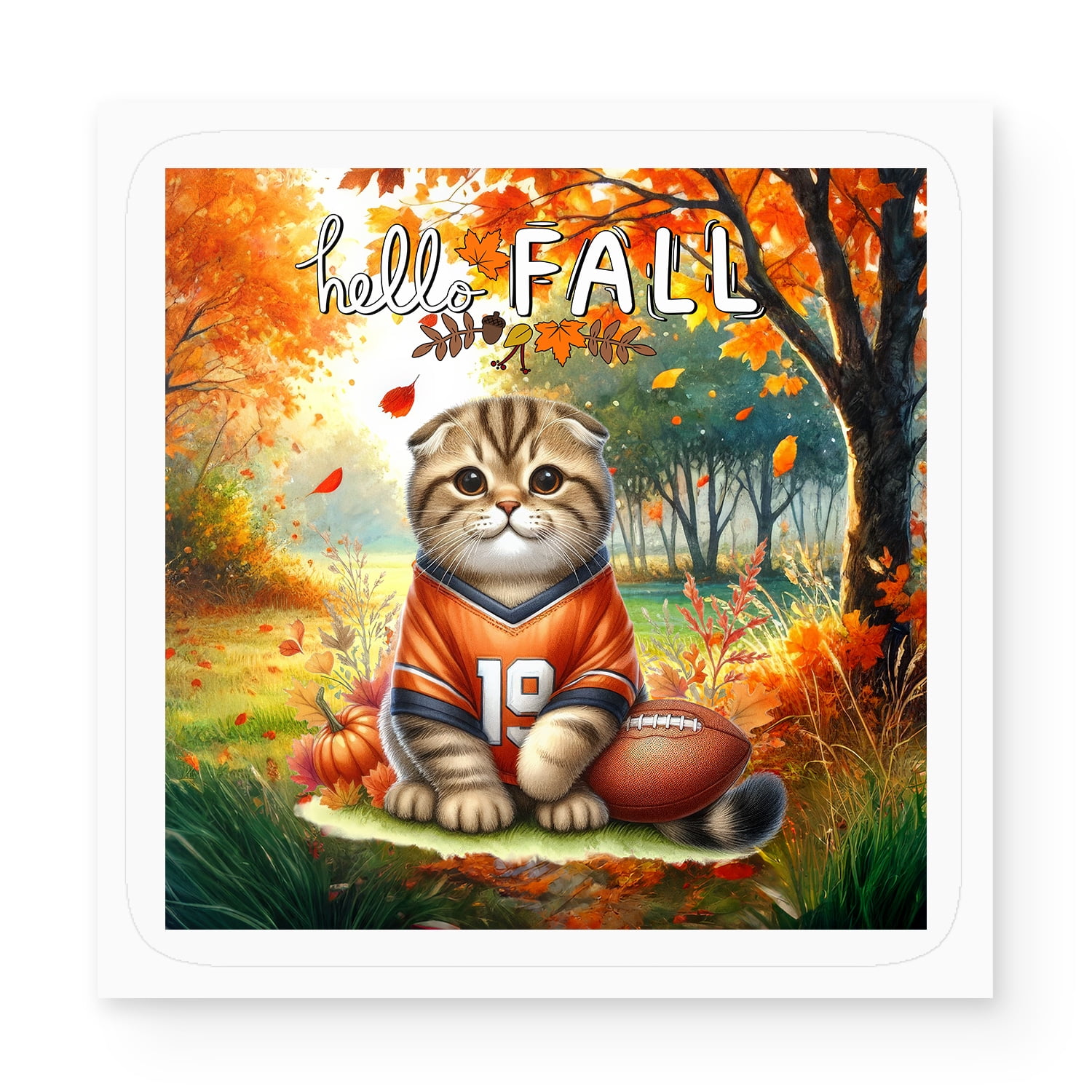 Hello Fall Scottish Fold Football Welcome Autumn with Leaves Pumpkins ...