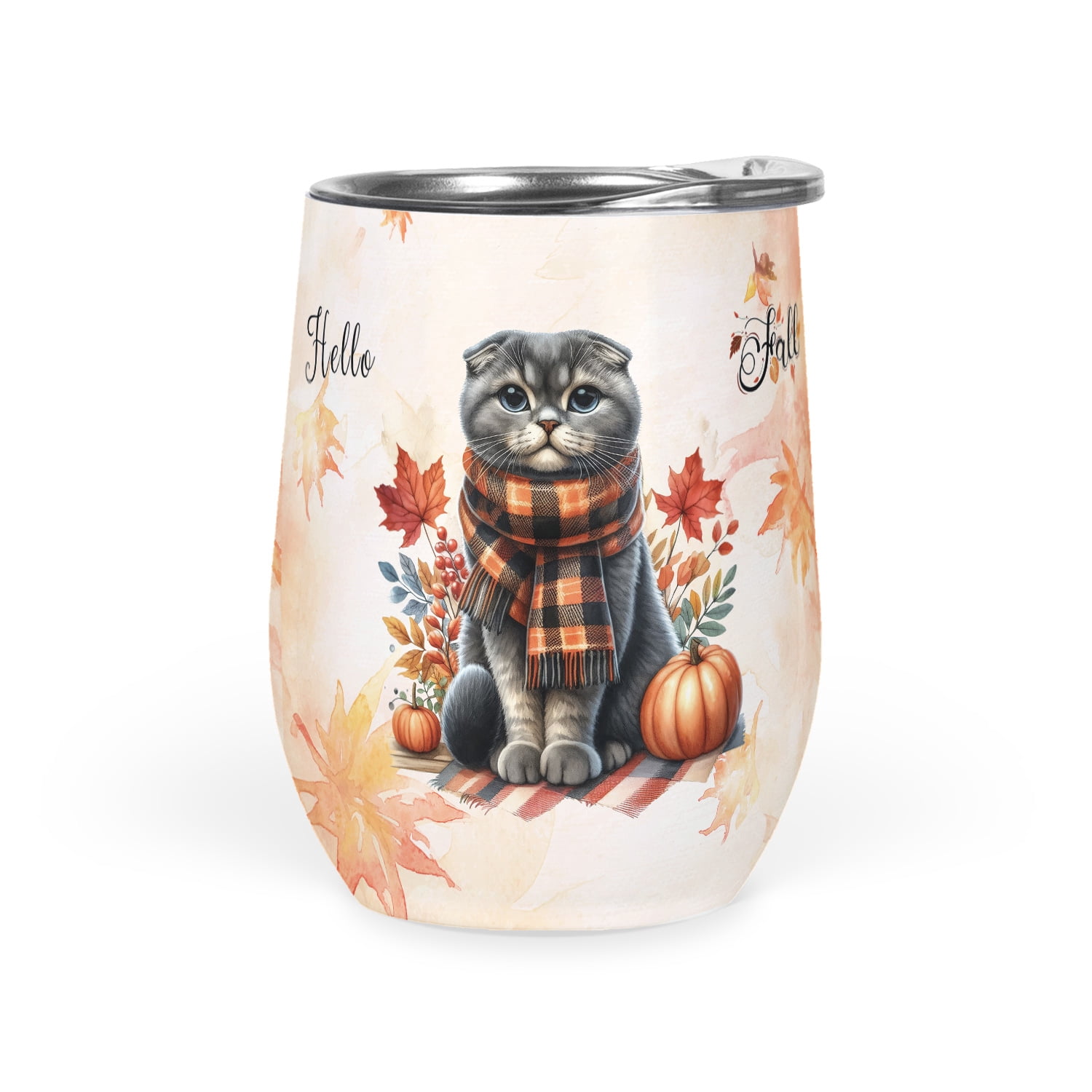 Hello Fall Scottish Fold Scarf Welcome Autumn with Leaves Pumpkins 12oz ...