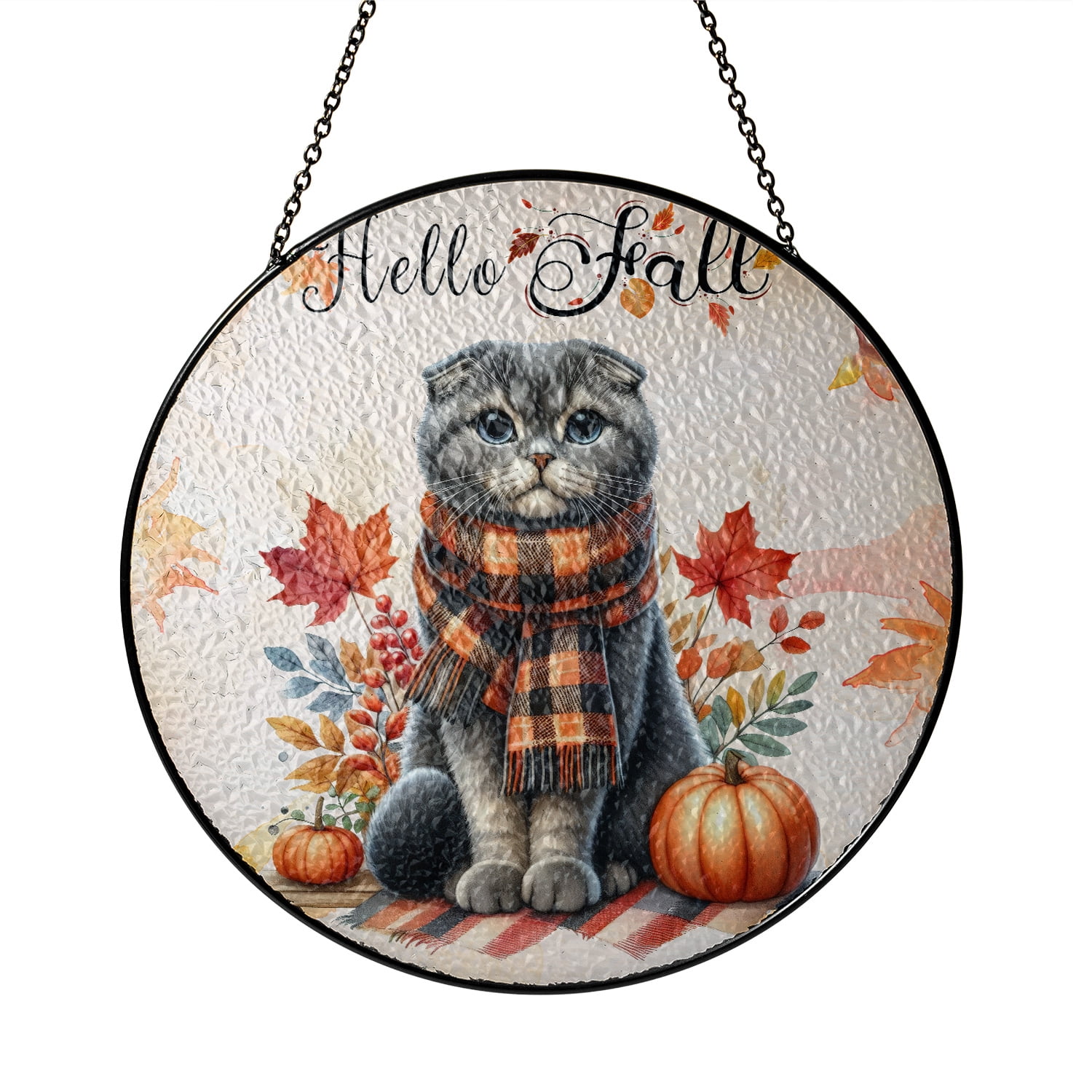 Hello Fall Scottish Fold Scarf Welcome Autumn with Leaves Pumpkins ...