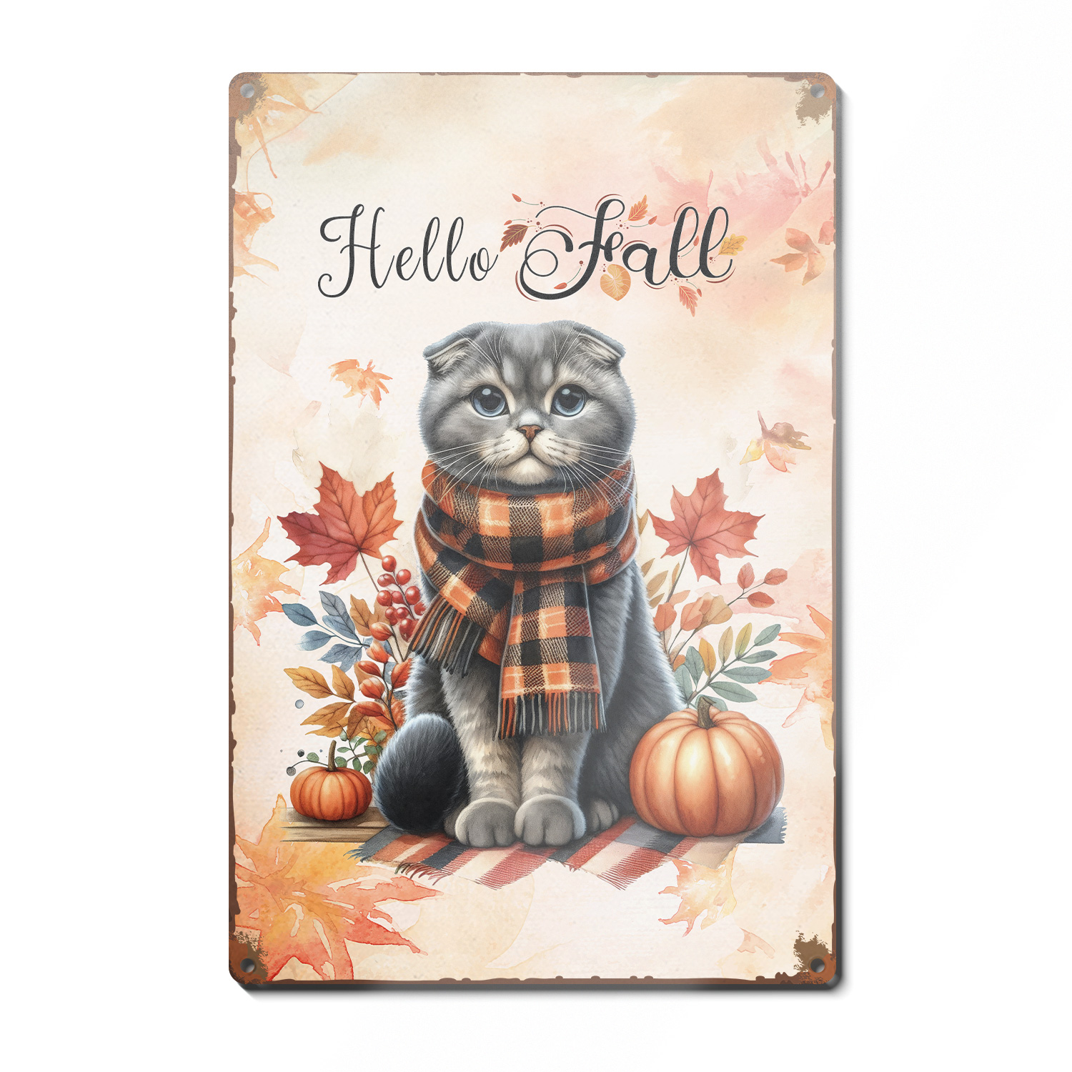 Hello Fall Scottish Fold Scarf Welcome Autumn with Leaves Pumpkins ...