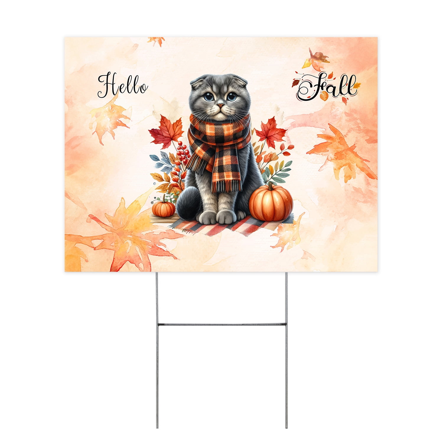 Hello Fall Scottish Fold Scarf Welcome Autumn with Leaves Pumpkins Yard ...